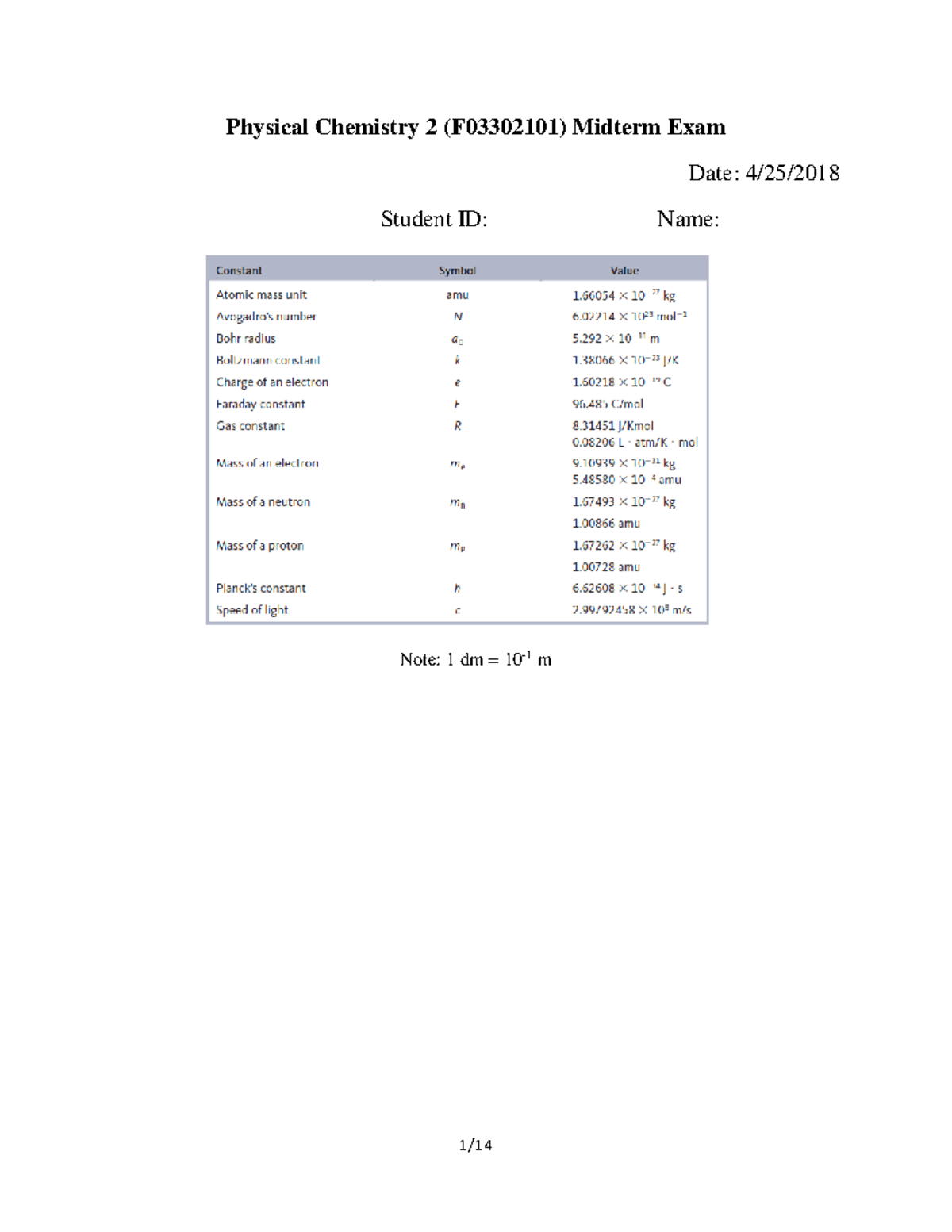 2018 Physical Chem 2 Midterm Exam Solutions - Physical Chemistry 2 (F0 ...
