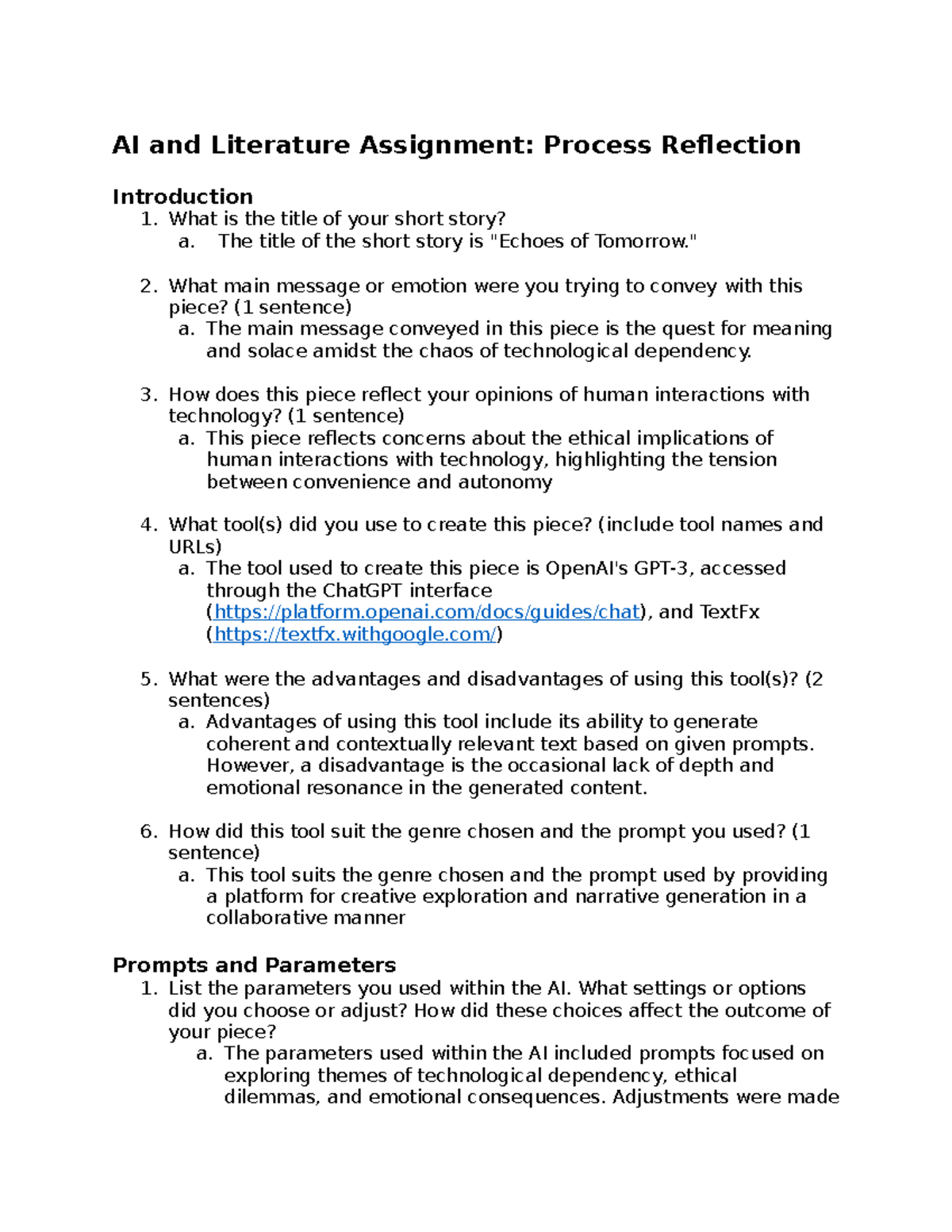 AI and Literature Assignment Process Reflection - AI and Literature ...