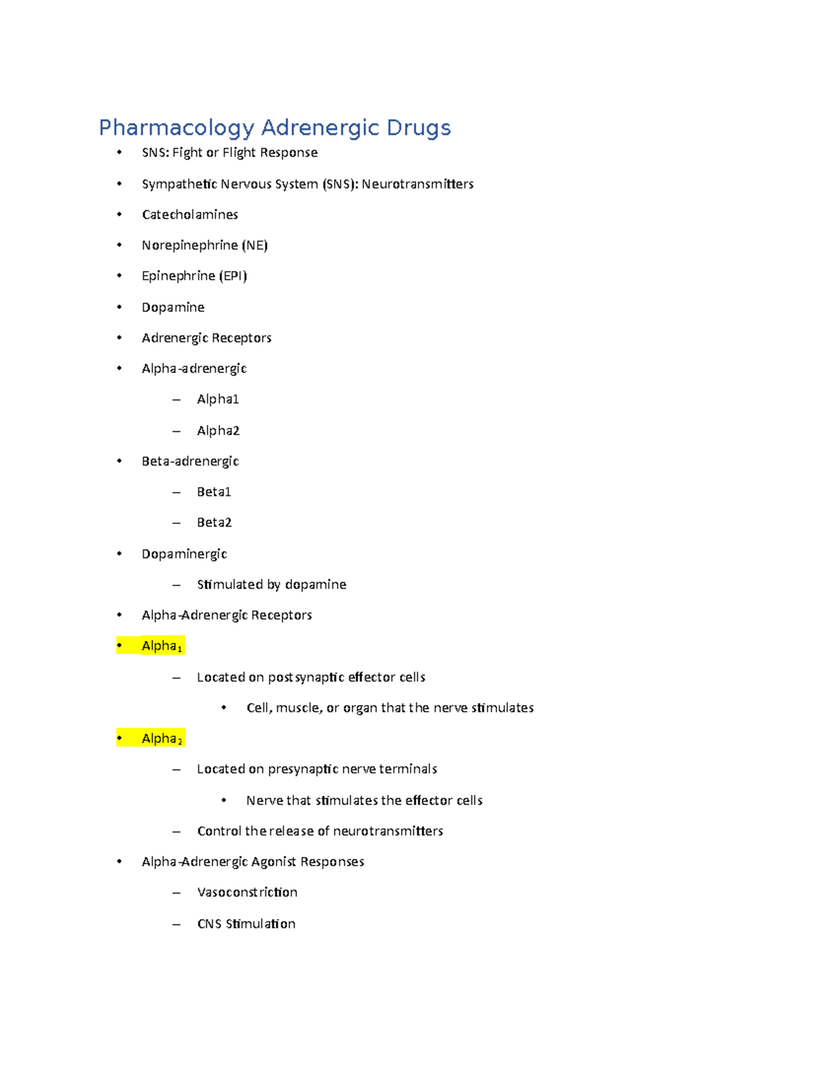 Adrenergic pharm notes 1 - Pharmacology Adrenergic Drugs SNS: Fight or ...