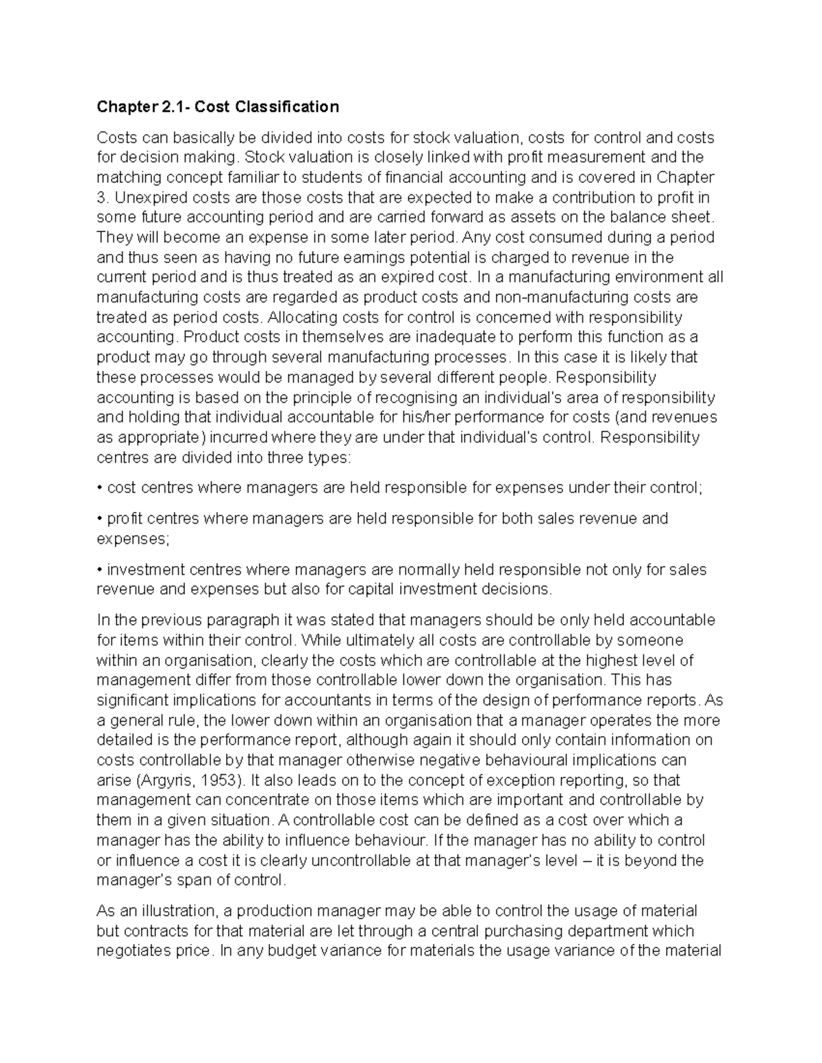 Chapter 2.1- Cost Classification - Chapter 2- Cost Classification Costs can basically be divided ...