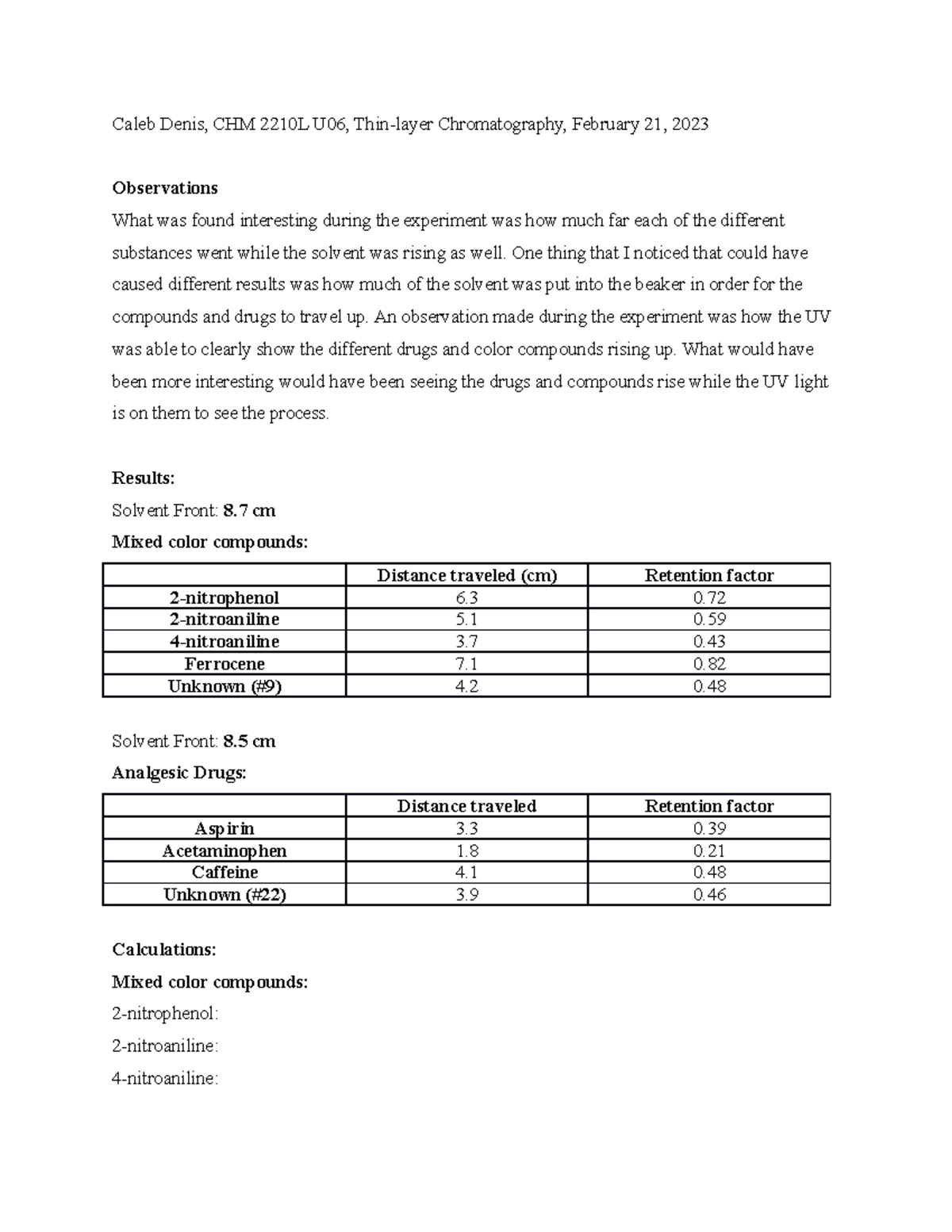 TLC - Report - Caleb Denis, CHM 2210L U06, Thin-layer Chromatography ...