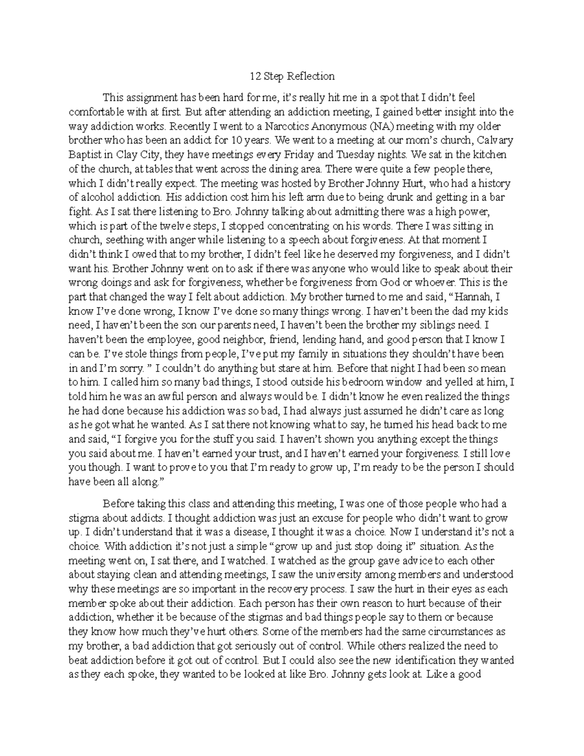 12 step program reflection - 12 Step Reflection This assignment has ...
