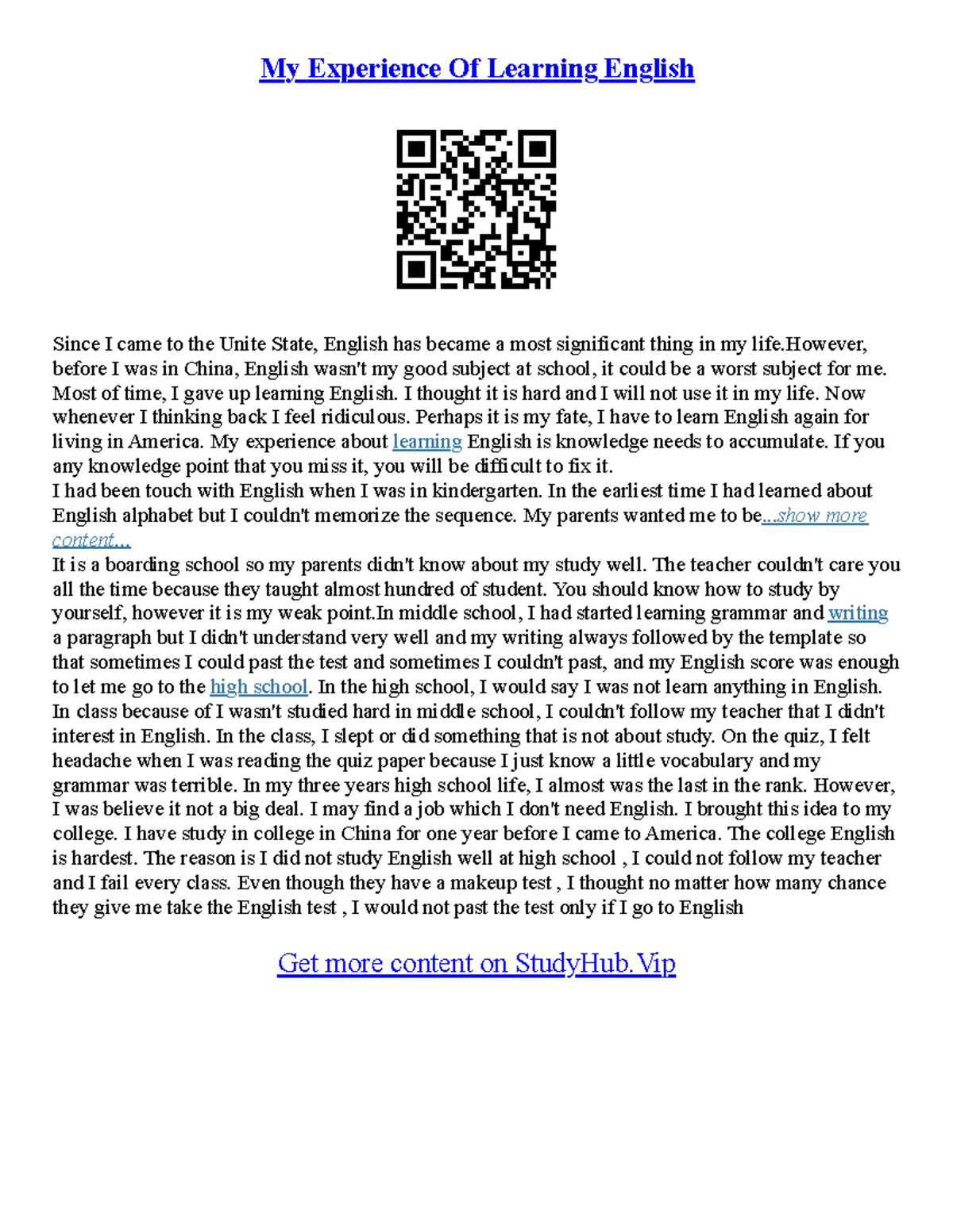 Learning English Essay - My Experience Of Learning English Since I came ...