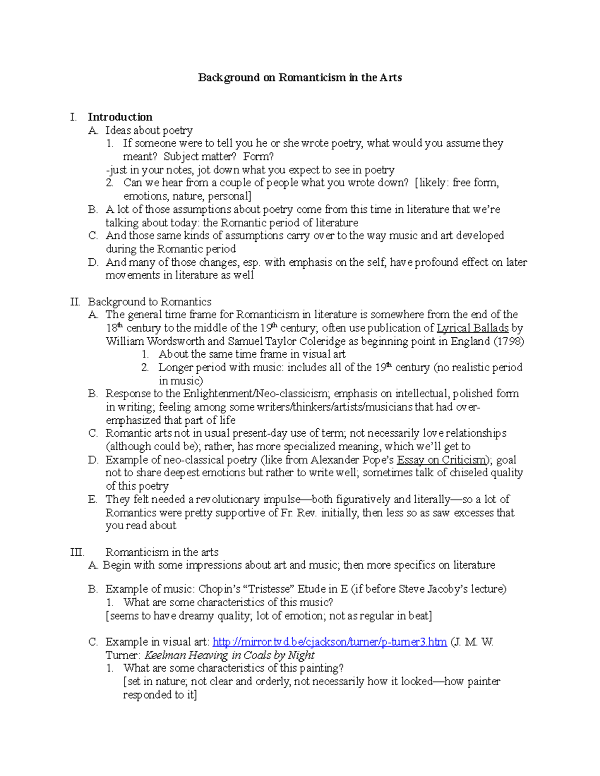 Background on Romanticism in the Arts - Introduction A. Ideas about ...