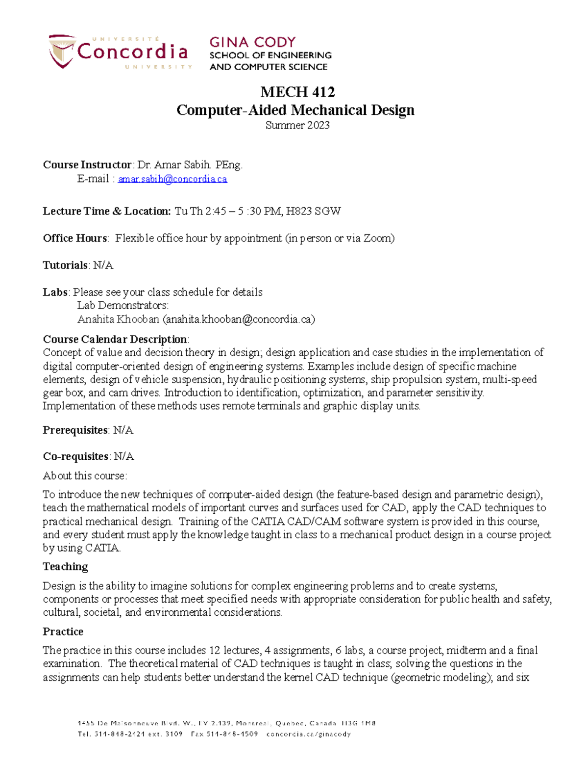 Course Outline - MECH 412 - Summer 2023 - MECH 412 Computer-Aided ...