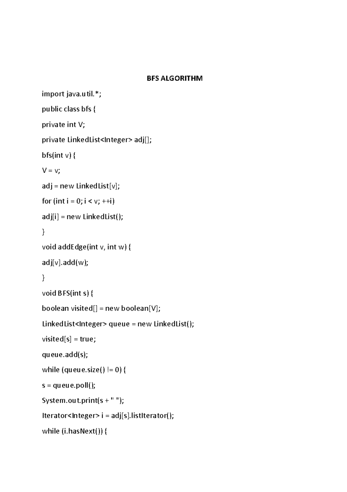 BFS.pdf - BFS ALGORITHM import java.*; public class bfs { private int V; private - Studocu