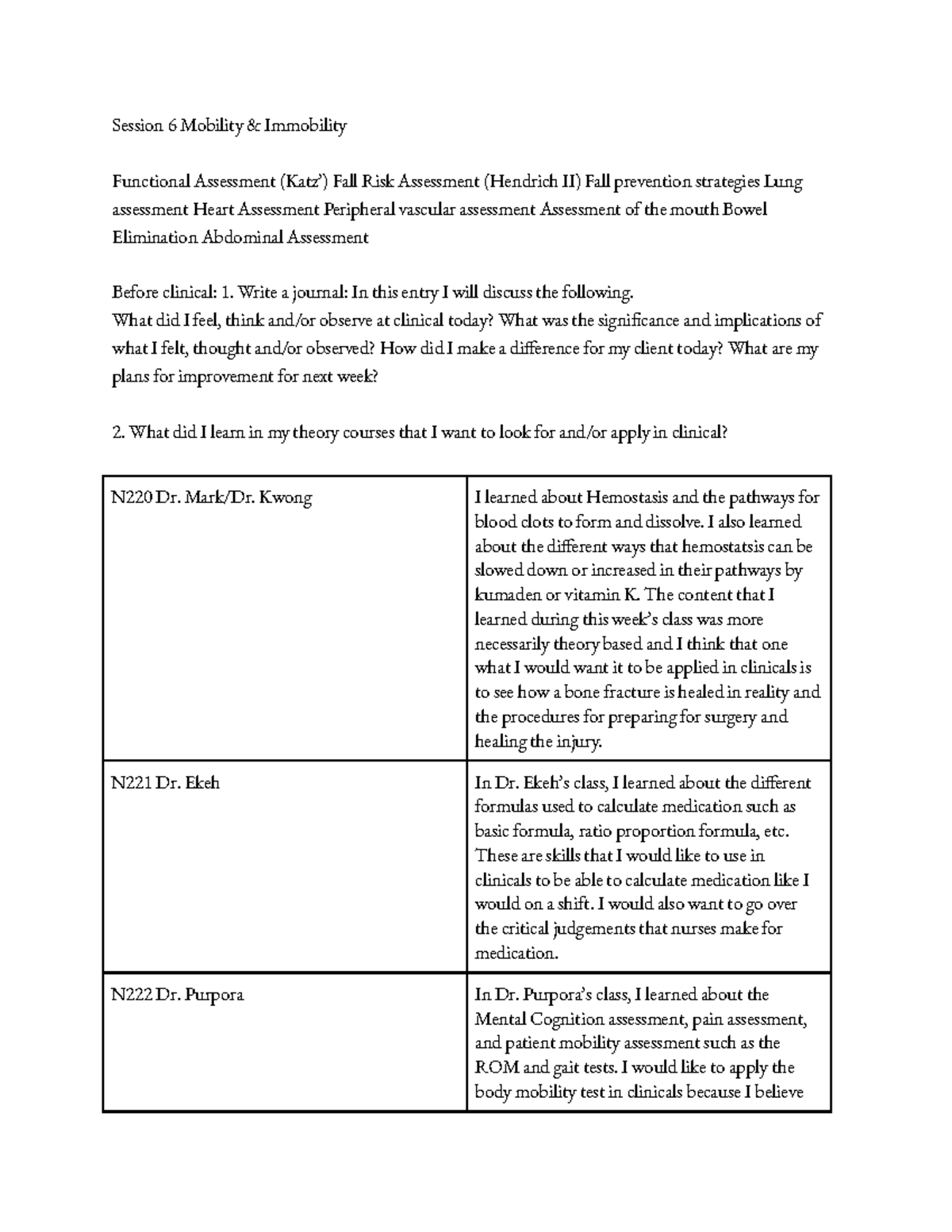 Clinical Session #6 Packet - Session 6 Mobility & Immobility Functional ...
