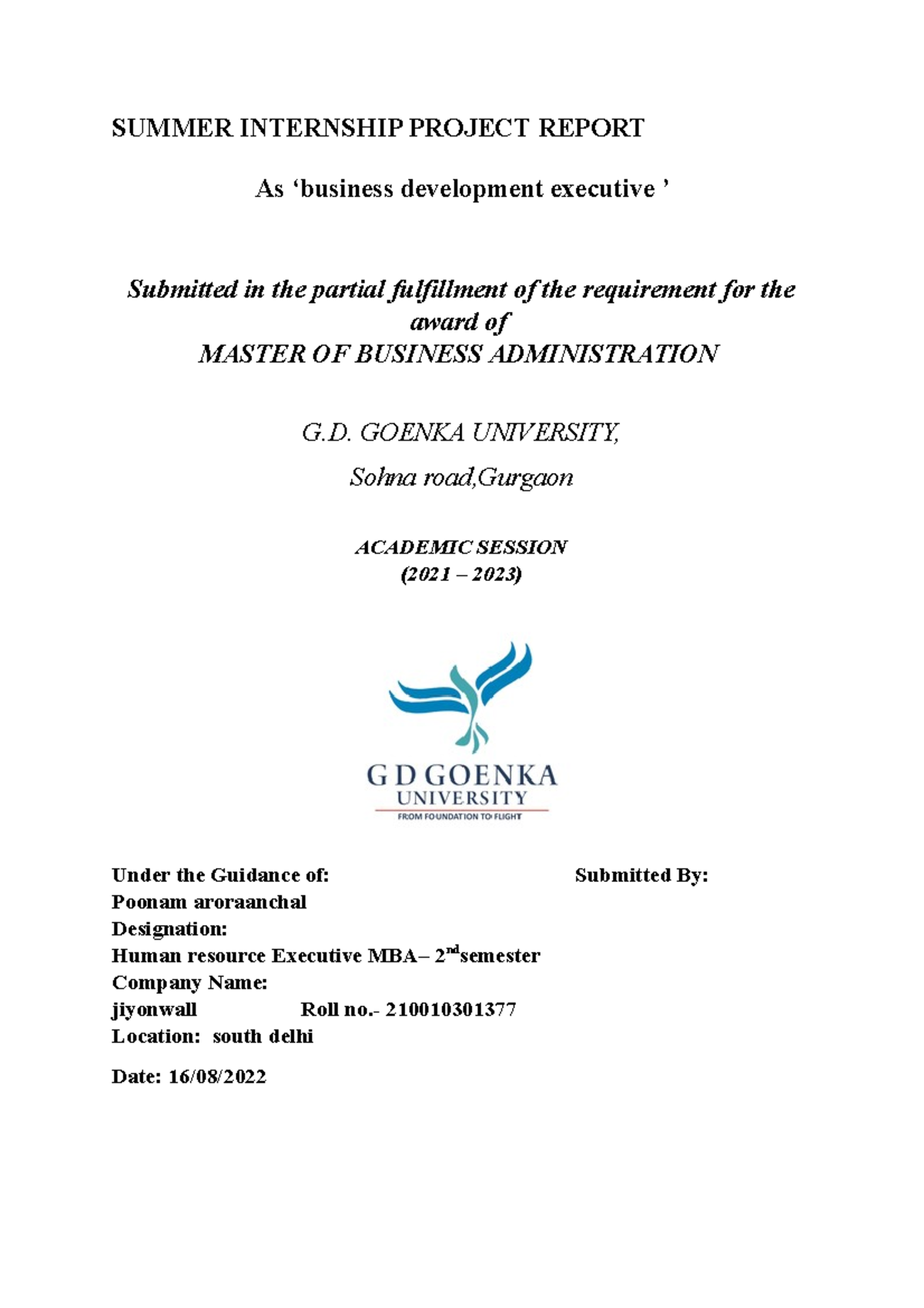 Jiyonwall report final - SUMMER INTERNSHIP PROJECT REPORT As ‘business ...