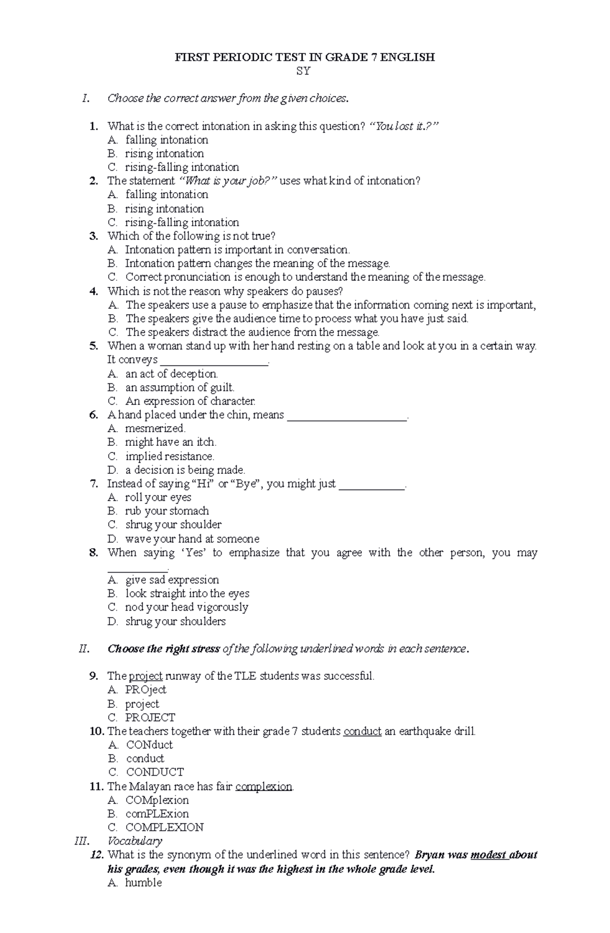 PT English 7 Q1 - test - FIRST PERIODIC TEST IN GRADE 7 ENGLISH SY I ...
