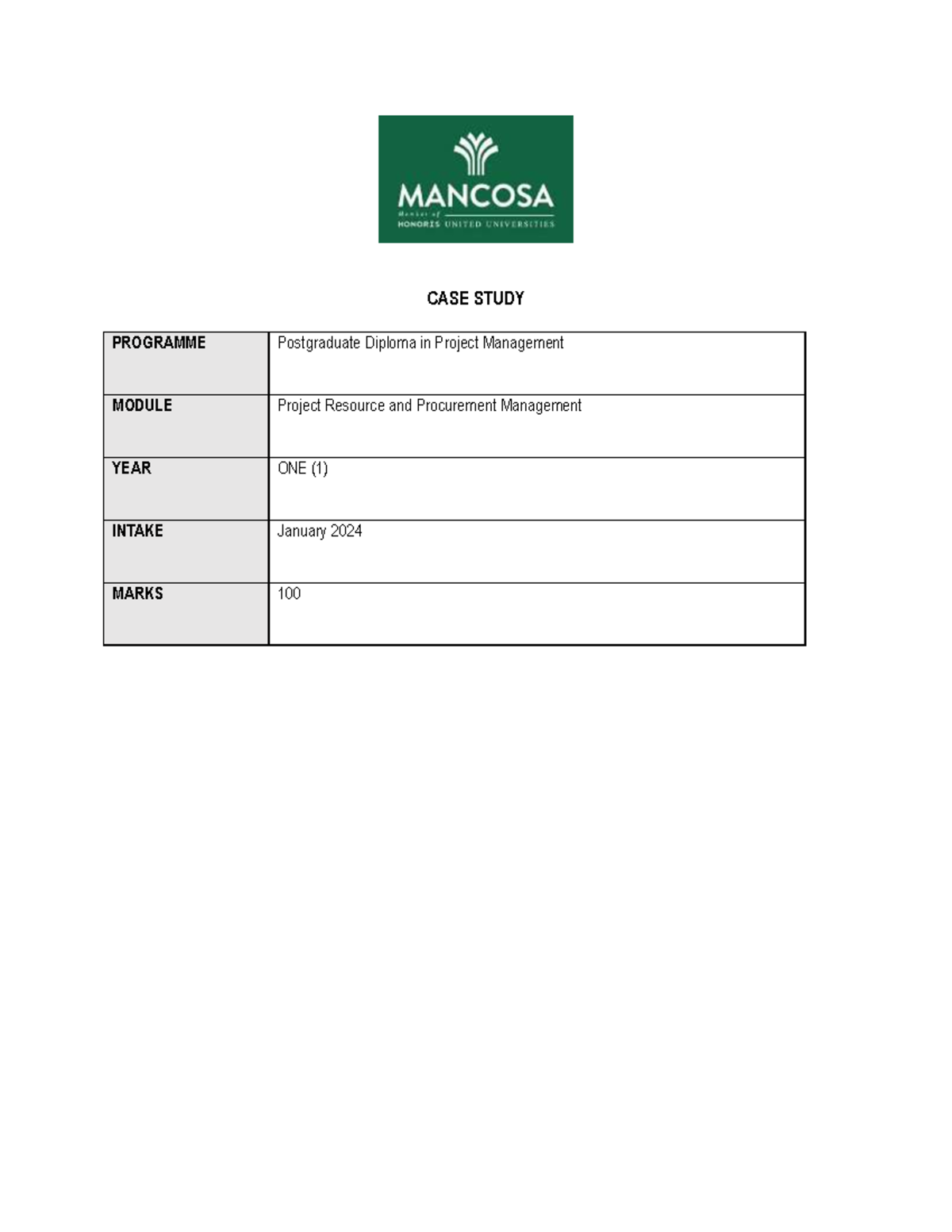 JAN 24 Project Resource and Procurement Management - Case Study - CASE ...