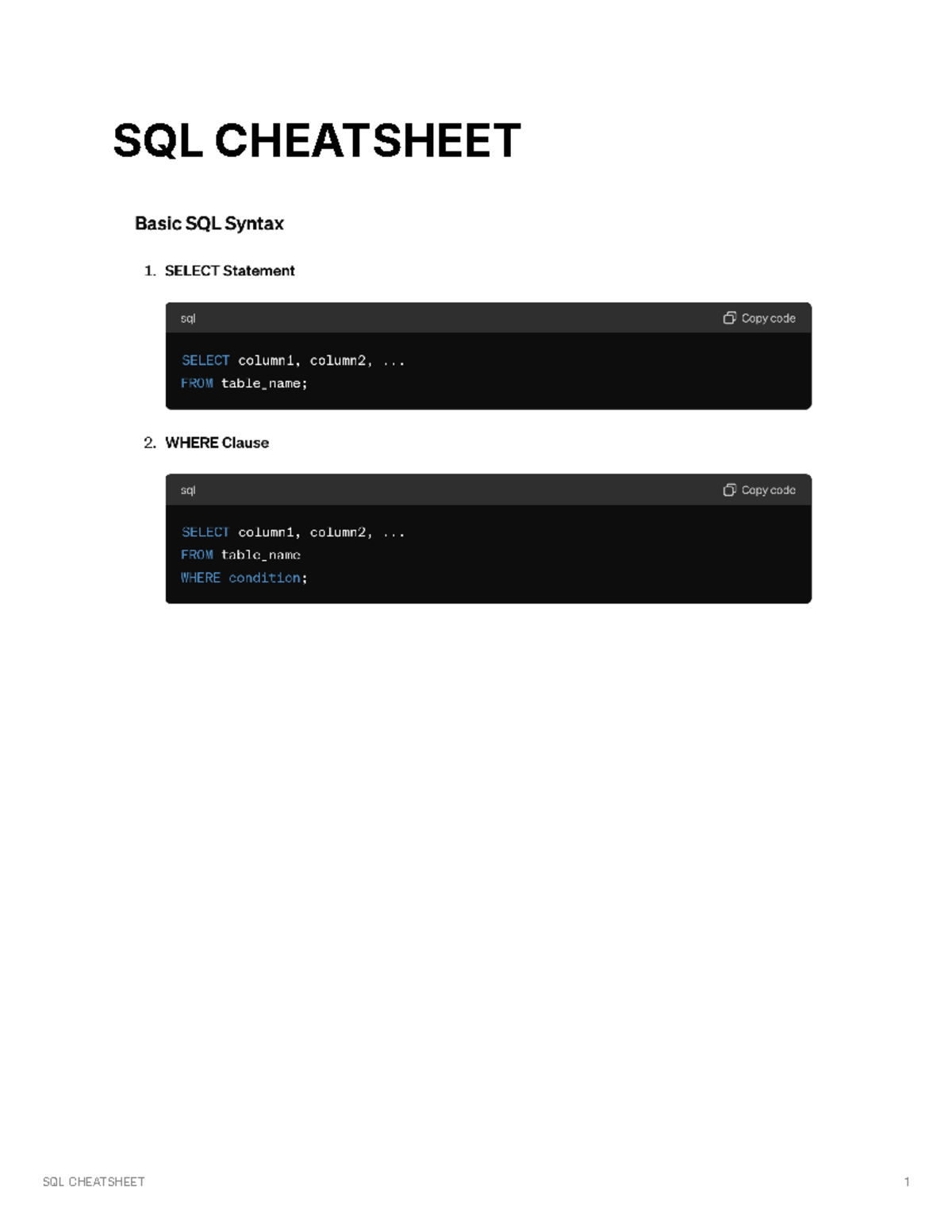 SQL Cheatsheet BUSAN - SQL CHEATSHEET Indexing Indexing is a technique used to improve the speed ...
