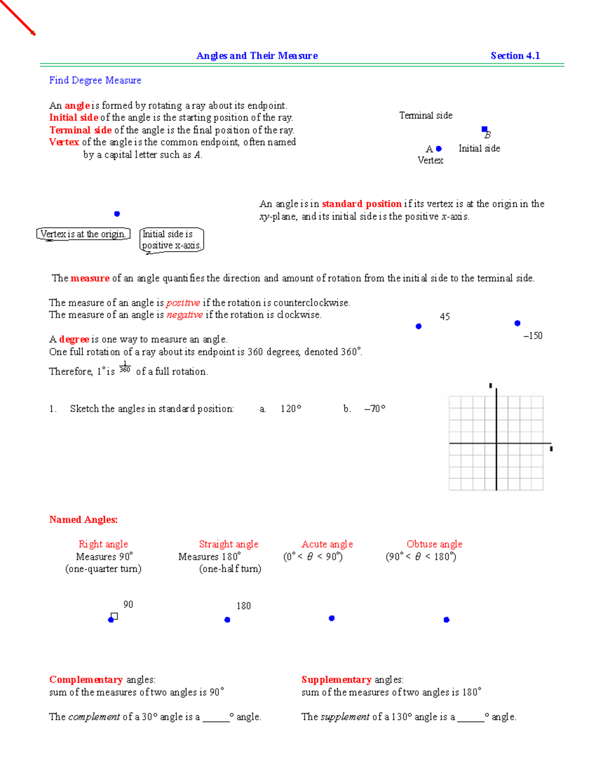 PC LEC 4.1 Angles and Their Measure - Initial side Terminal side Vertex ...