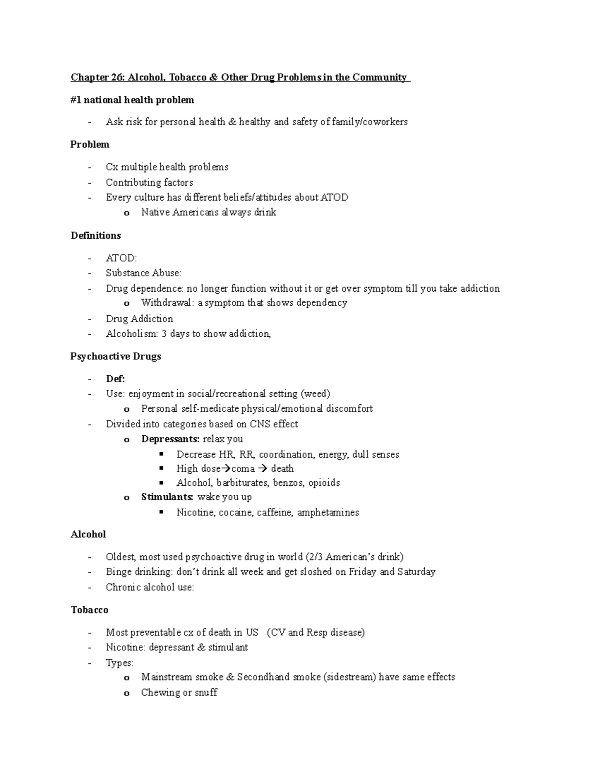 N420 Exam #3 Notes - Chapter 26: Alcohol, Tobacco & Other Drug Problems ...