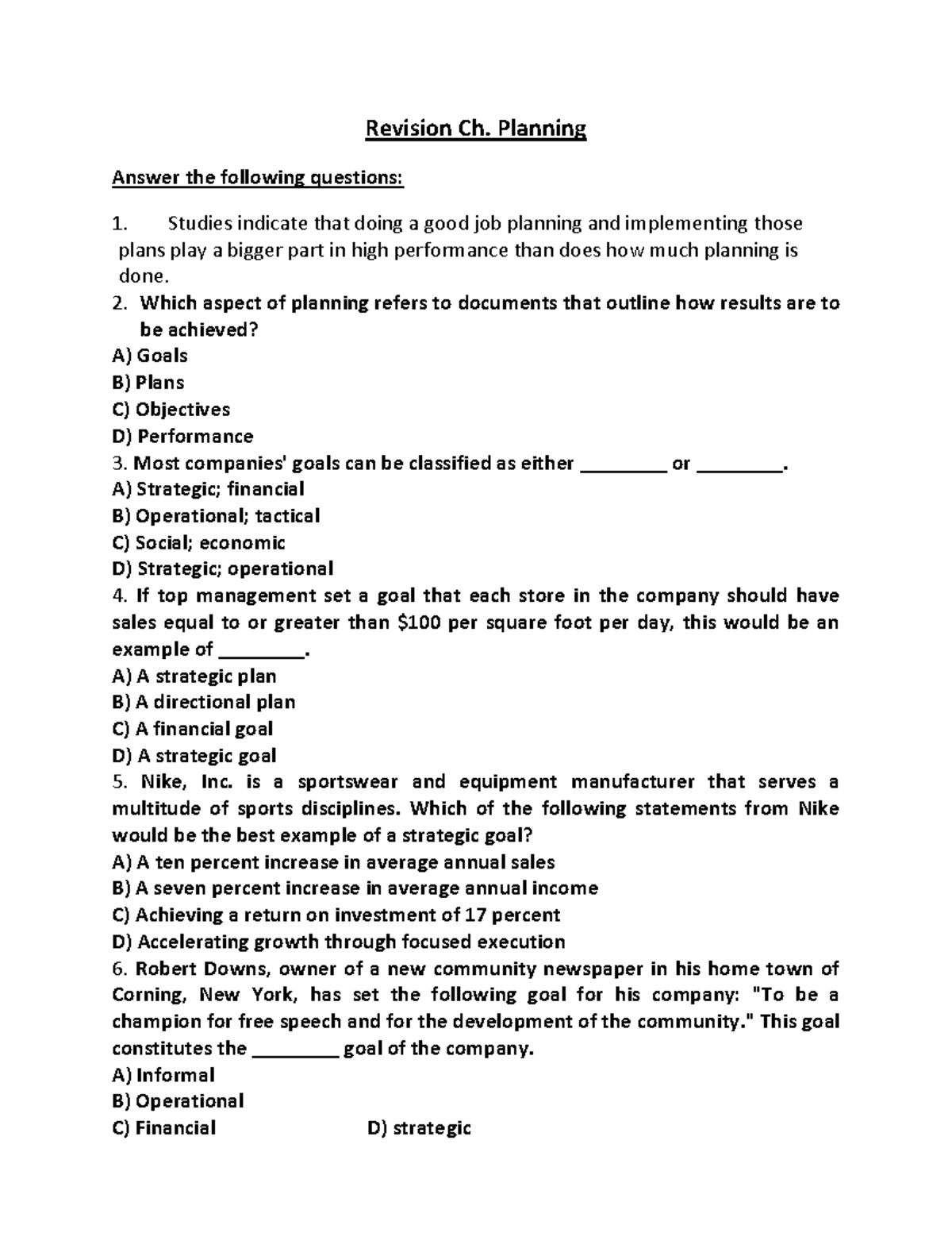 Plannimg part 1 Revision - Revision Ch. Planning Answer the following ...