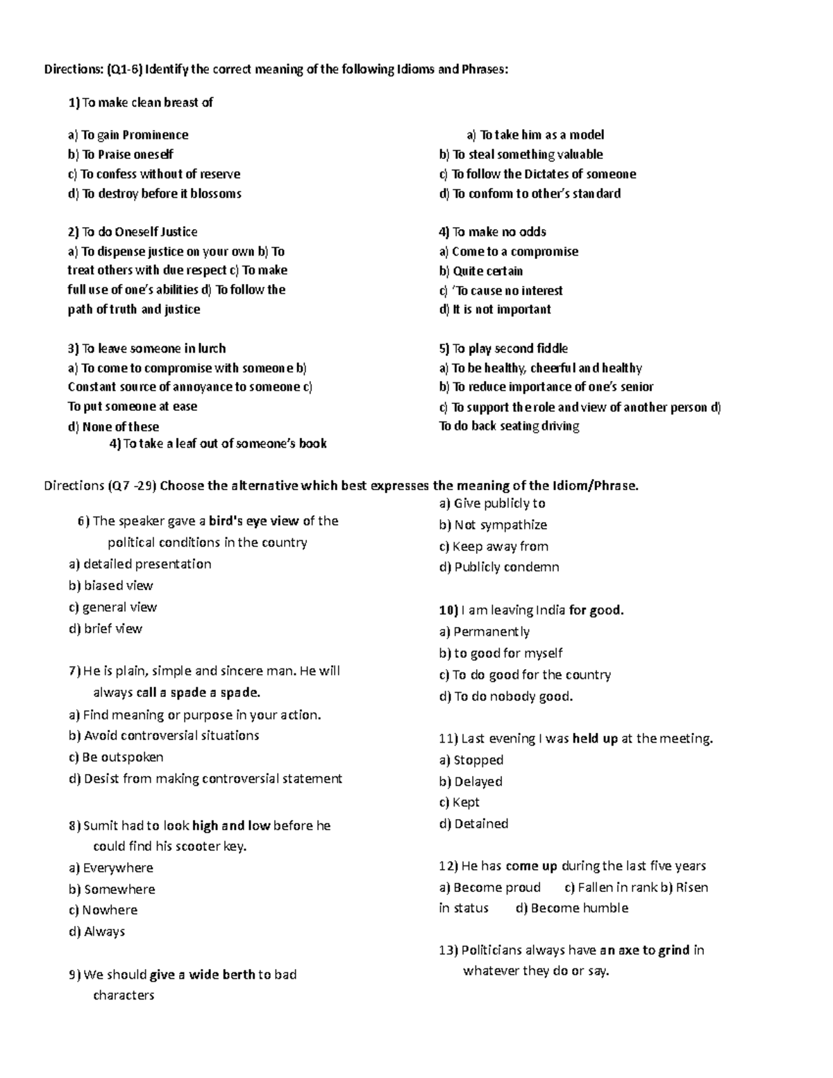 Idioms And Phrases BC - idiom - Directions: (Q1-6) Identify the correct ...