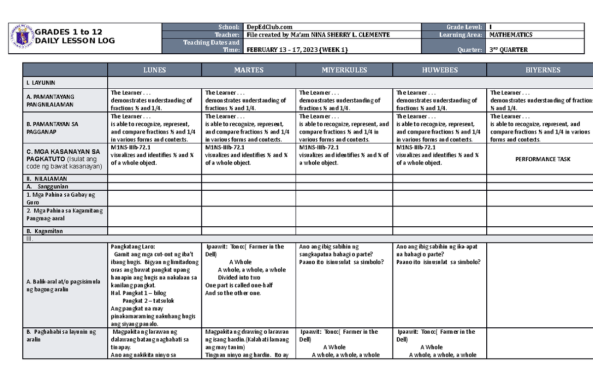 DLL Mathematics 1 Q3 W1 - NA............... - GRADES 1 to 12 DAILY ...