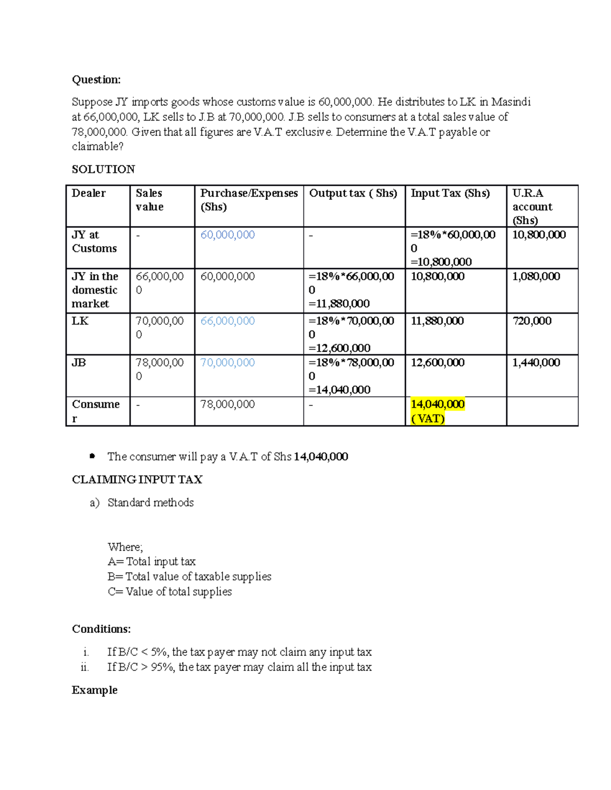 VAT Calculations - Taxation calculation for vat - Question: Suppose JY ...