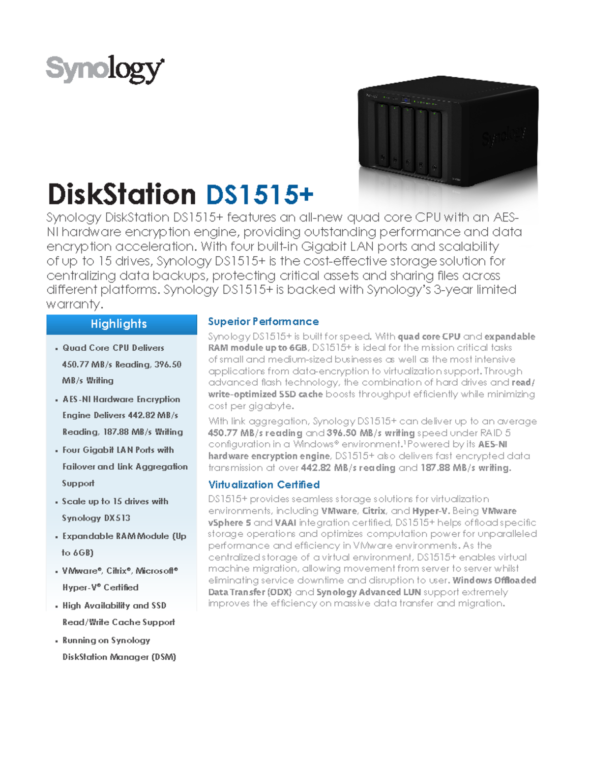 Synology DS1515 Plus Data Sheet enu - Superior Performance Synology ...