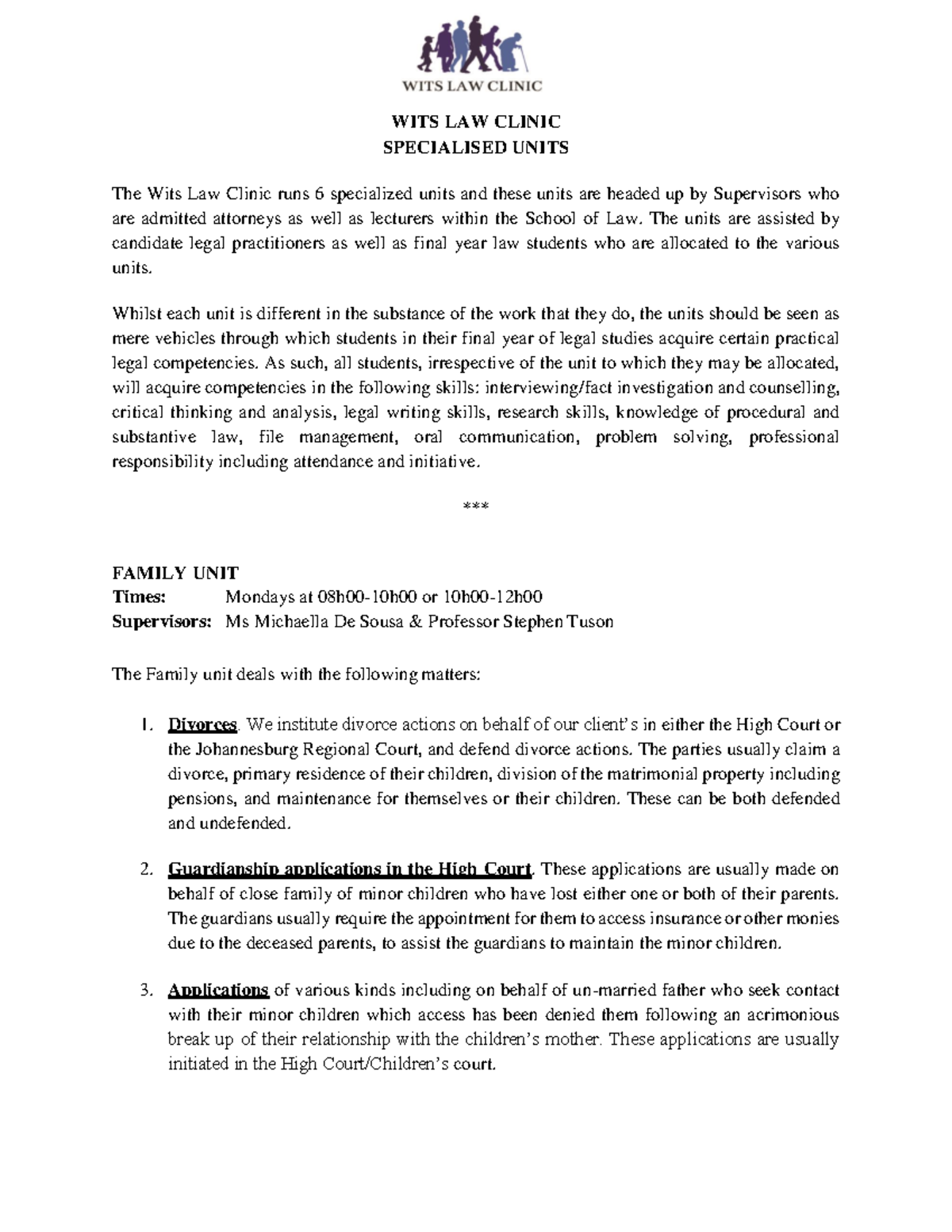 Wits Law Clinic Unit Bios - WITS LAW CLINIC SPECIALISED UNITS The Wits ...