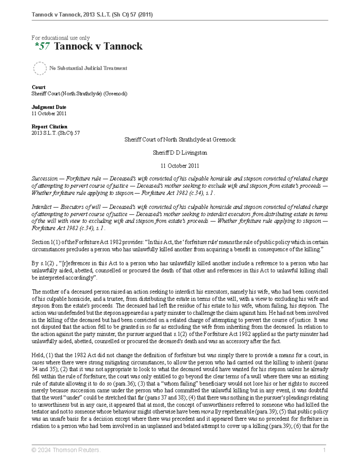 Tannock v Tannock - tutoria - For educational use only *57 Tannock v ...