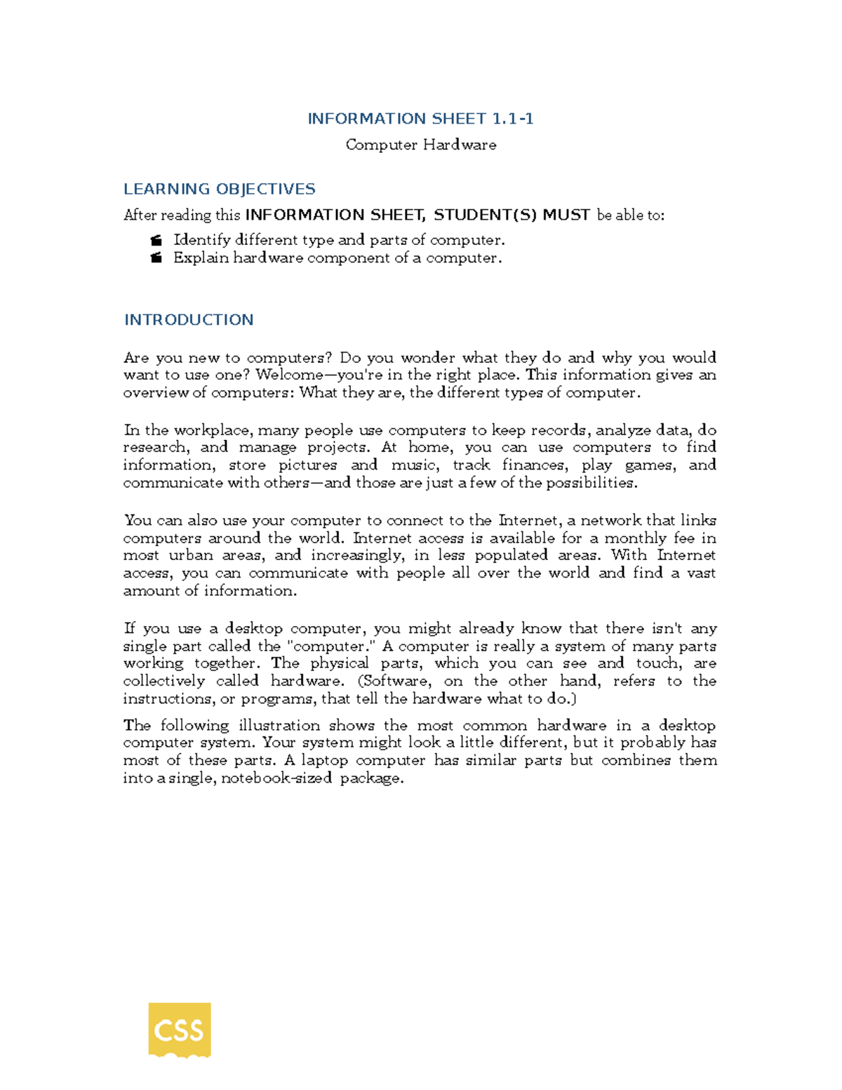 1 - old docu file - INFORMATION SHEET 1- Computer Hardware LEARNING ...