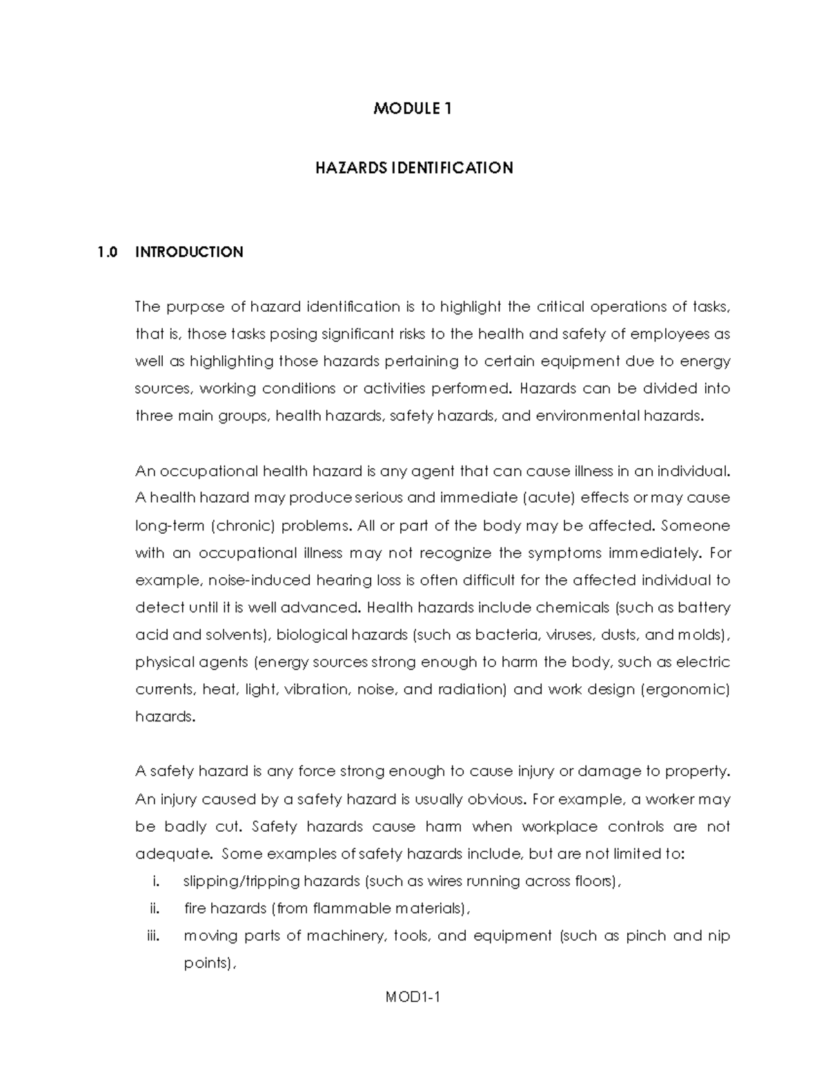 Module 1 Hazards Identification - MOD1- MODULE 1 HAZARDS IDENTIFICATION ...