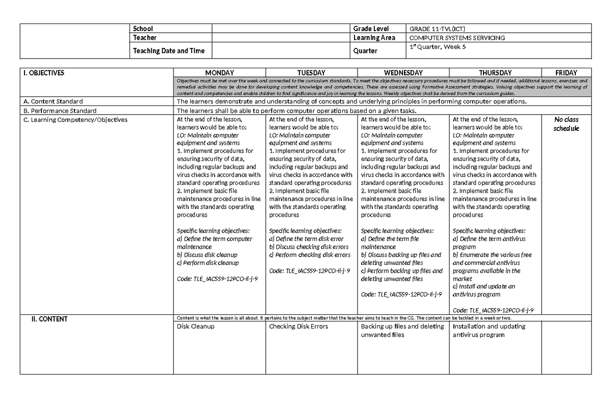 1Q DLL CSS11 week5 - Week 5 Daily Lesson Log on Computer Systems Servicing 1 - School Grade ...