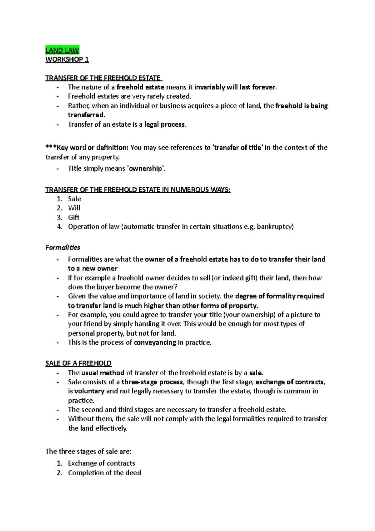 Transfer OF THE Freehold Estate - LAND LAW WORKSHOP 1 TRANSFER OF THE ...