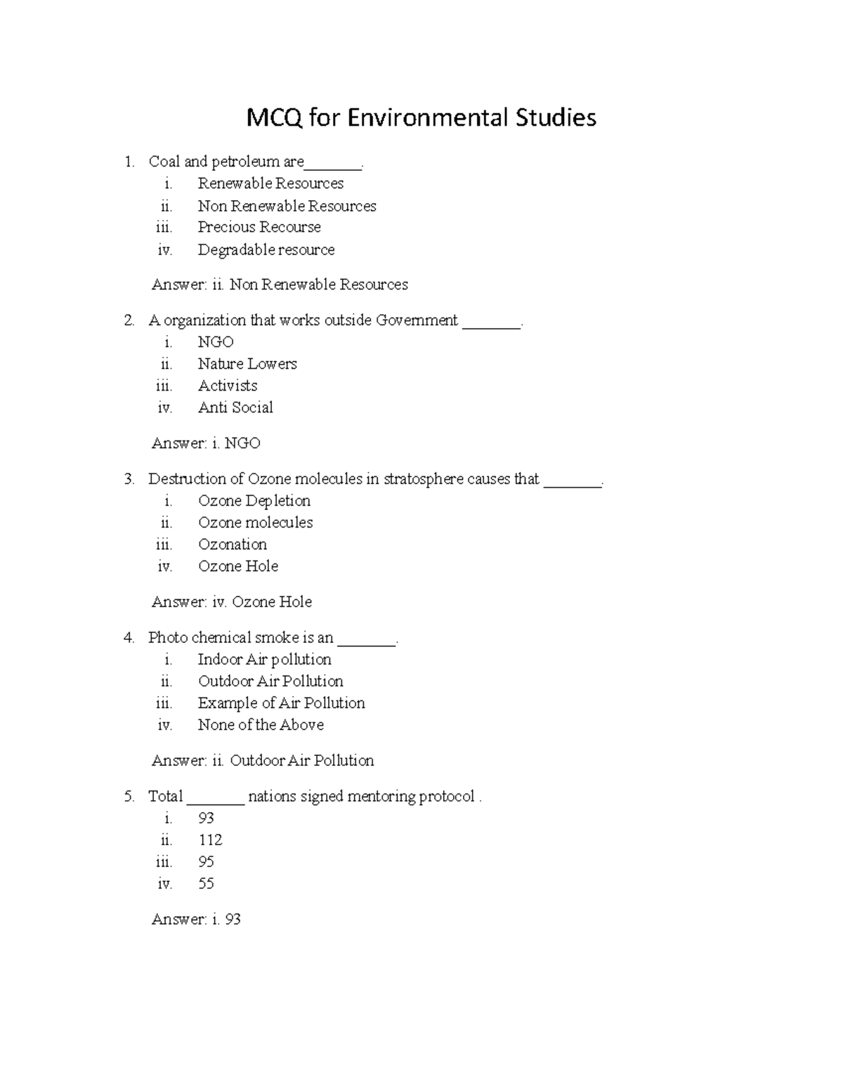 MCQ for Environmental Studies - MCQ for Environmental Studies Coal and ...