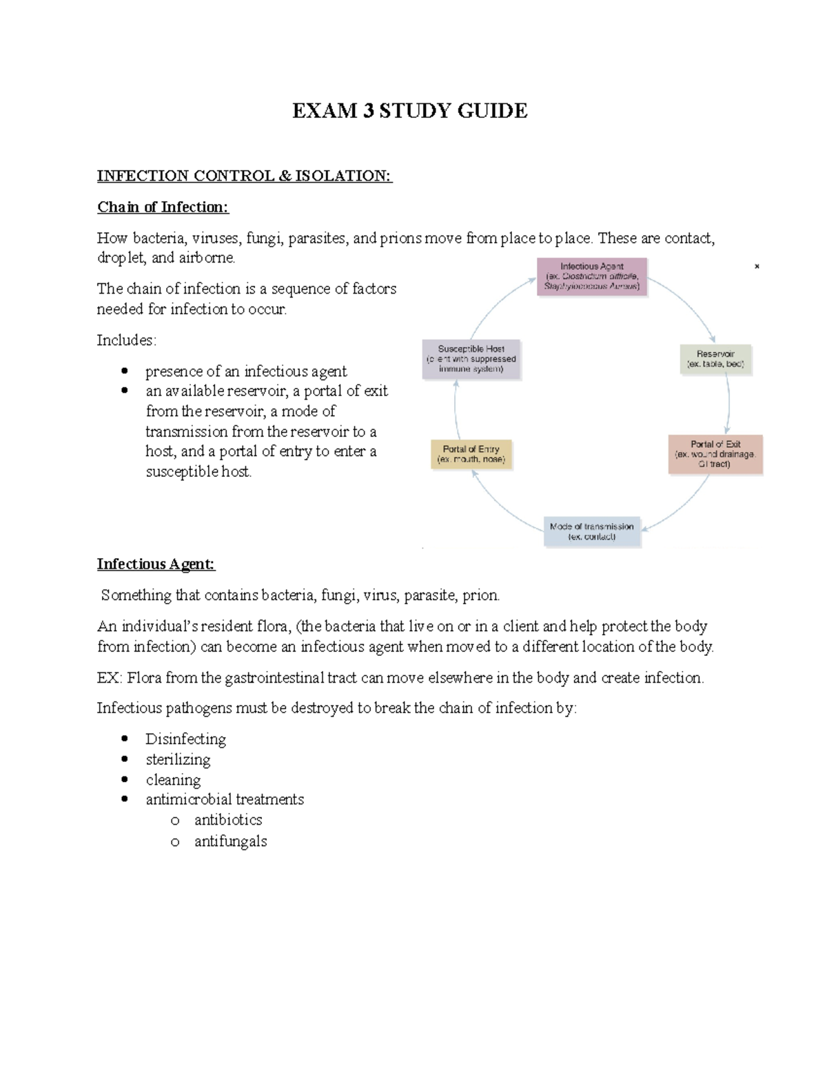 EXAM 3 Study Guide-1 - EXAM 3 STUDY GUIDE INFECTION CONTROL & ISOLATION ...
