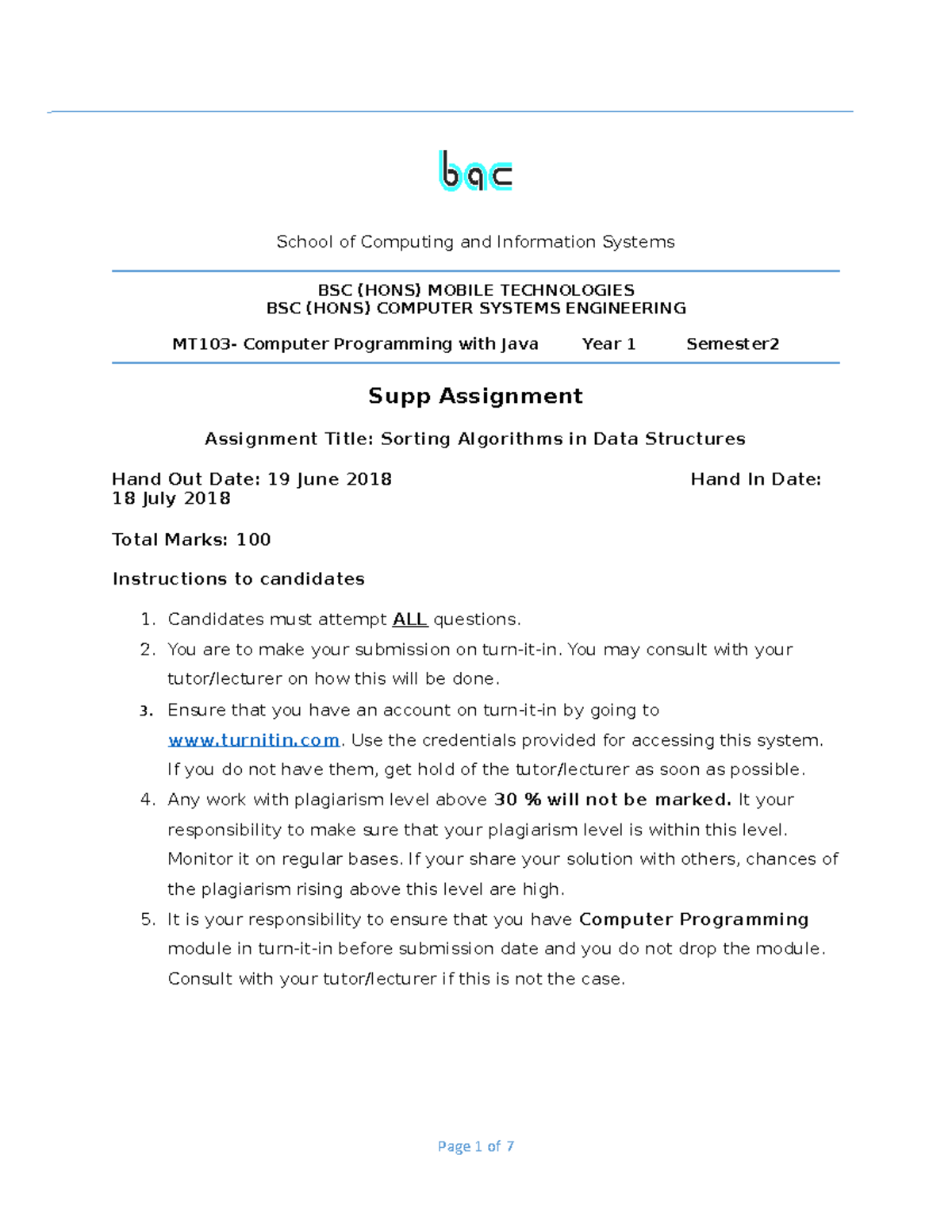 MT 103 - Assignment March 2018 - School of Computing and Information Systems BSC (HONS) MOBILE ...