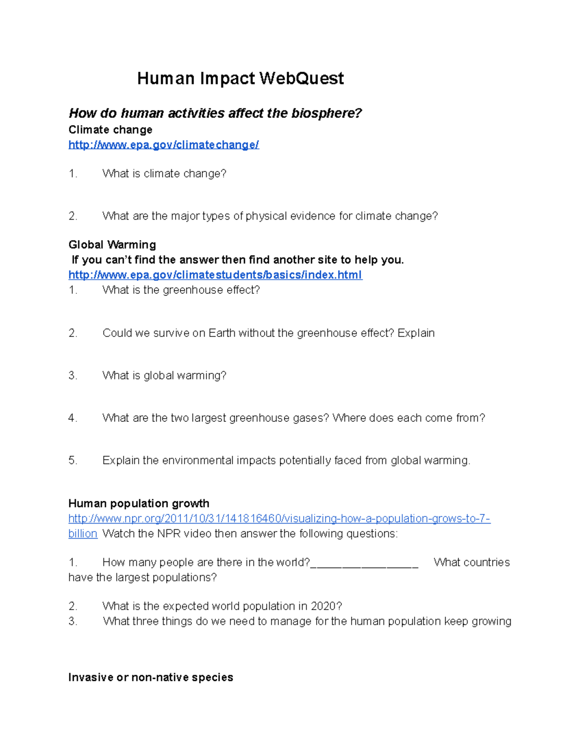 Humanimpactwebquest - a thing - Human Impact WebQuest How do human ...