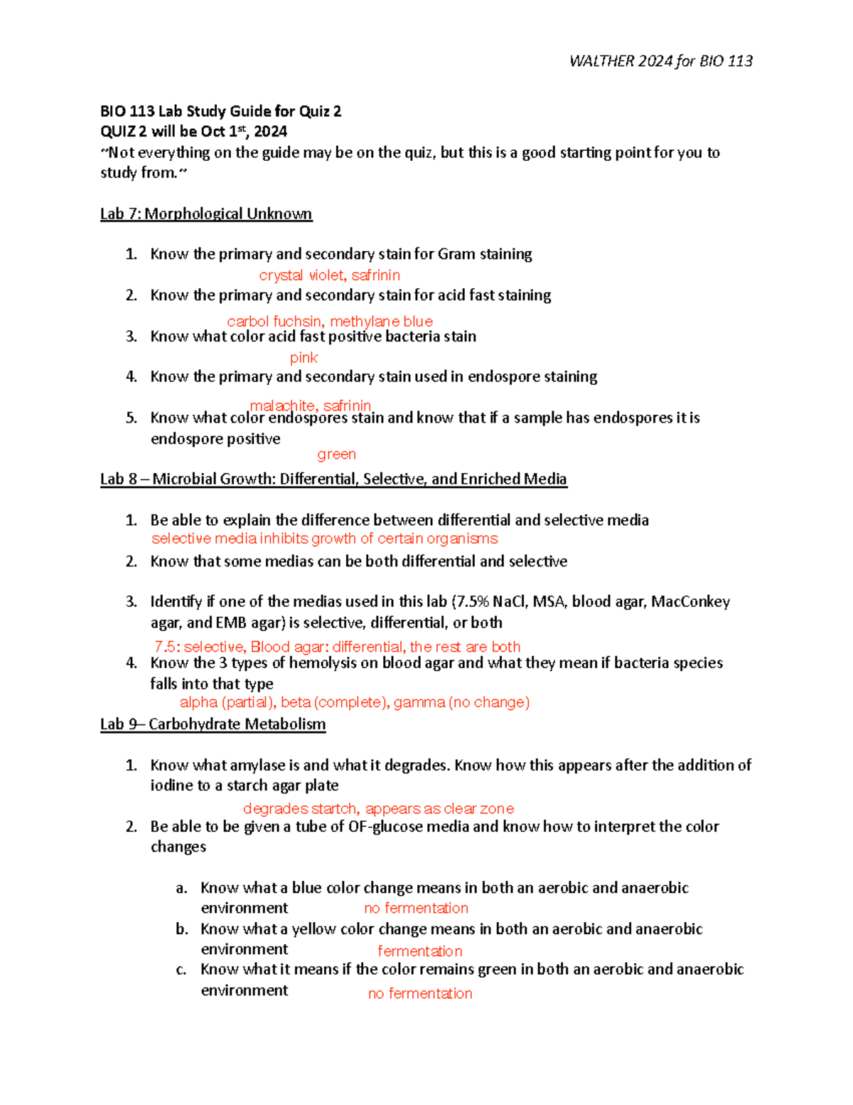 BIO 113 Lab Study Guide for Quiz 2 Fall2024 - WALTHER 20 24 for BIO 113 ...
