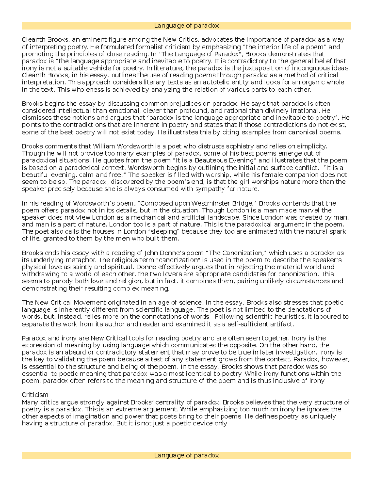 Language of Paradox by Cleanth Brooks summary - Language of paradox ...