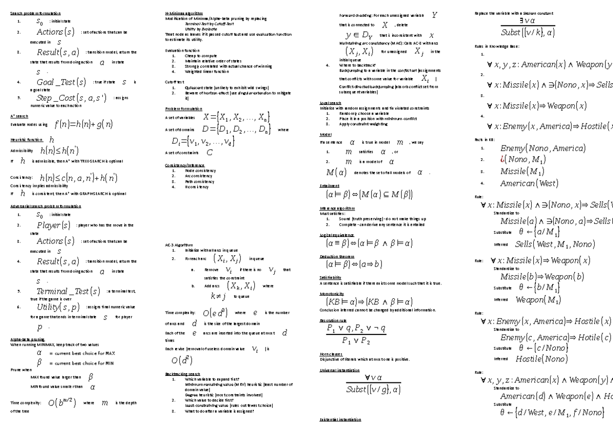 CS3243 Cheatsheet - Search problem formulation 1. s 0 : initial state 2 ...