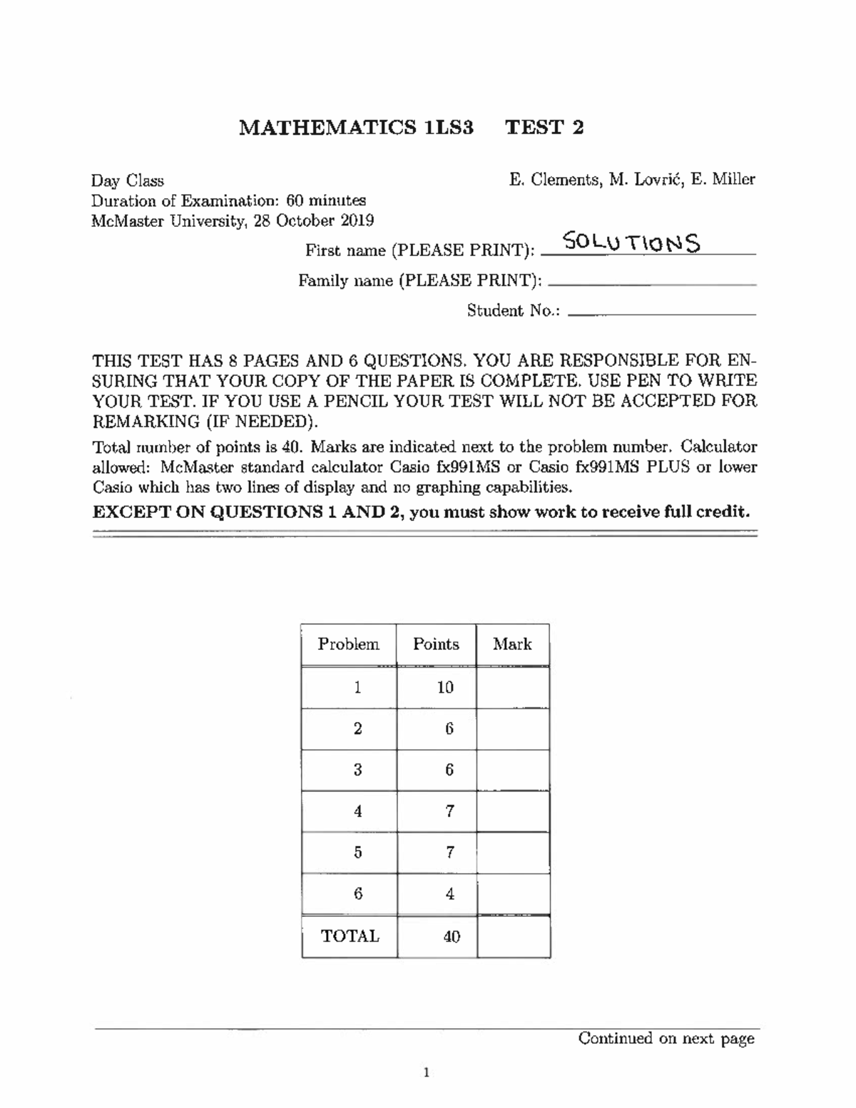 Math 1LS3 2019 solutions Test 2 - Math 1Ls3 - McMaster - Studocu
