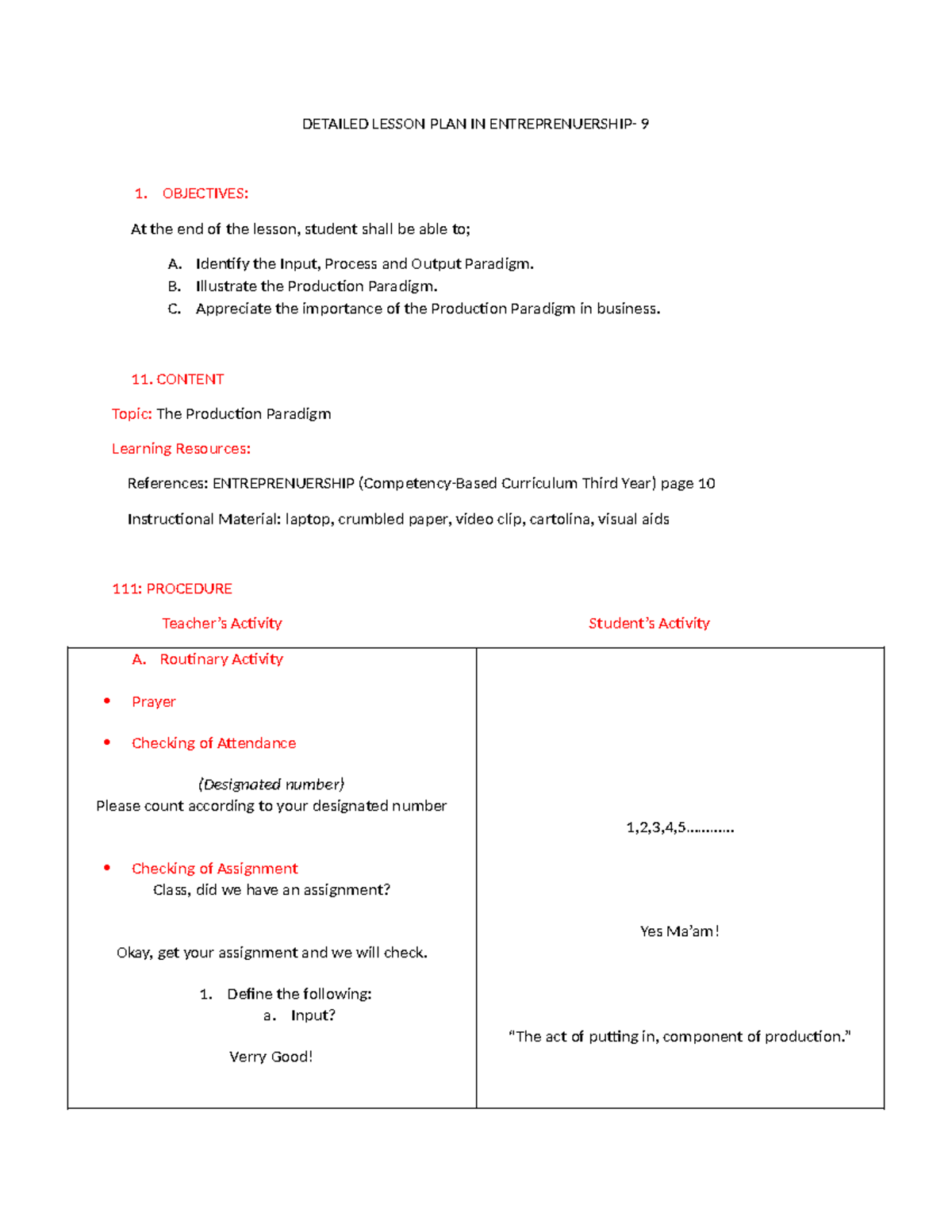 Lesson PLAN IN Entrep - DETAILED LESSON PLAN IN ENTREPRENUERSHIP- 9 1 ...
