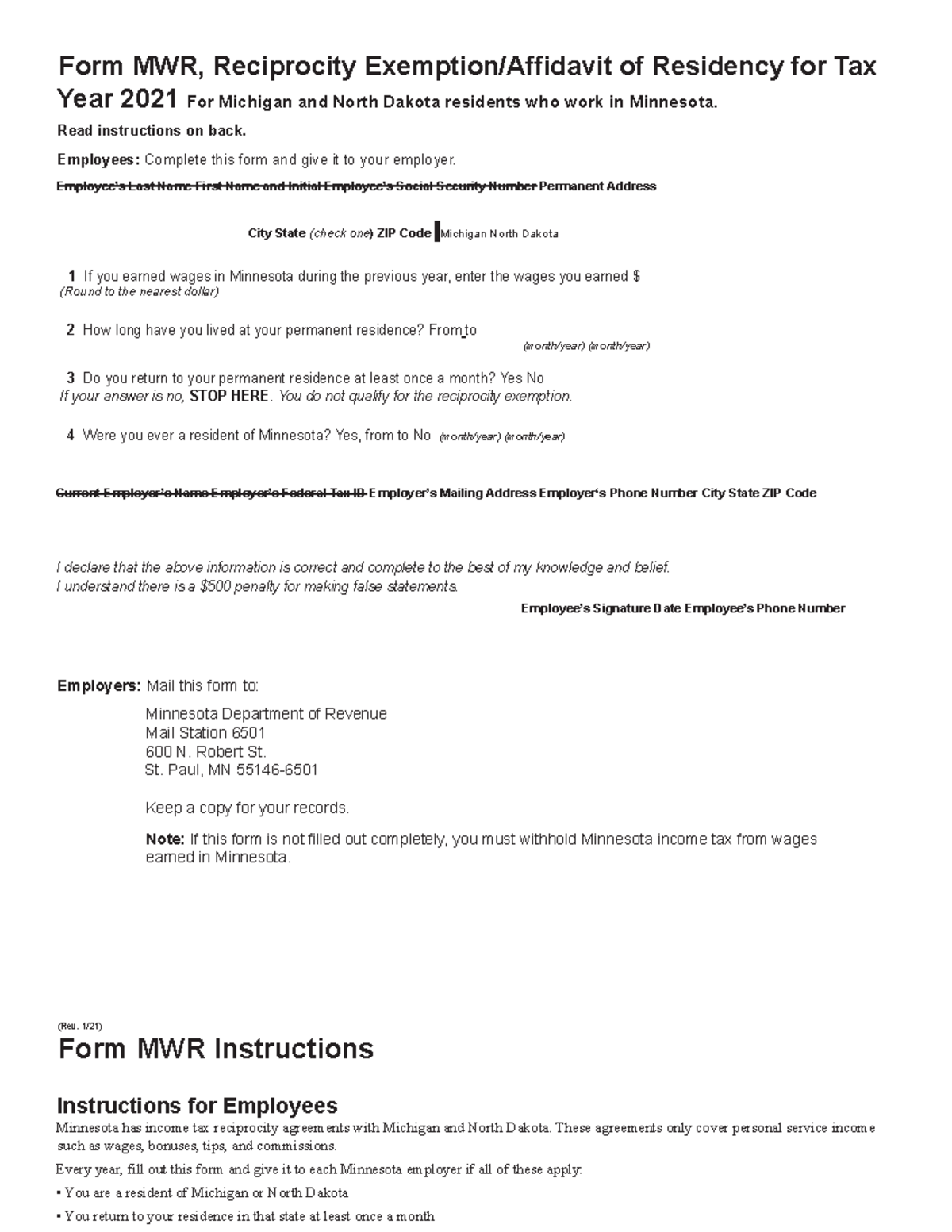 Mwr 21-3 - work - Form MWR, Reciprocity Exemption/Affidavit of ...
