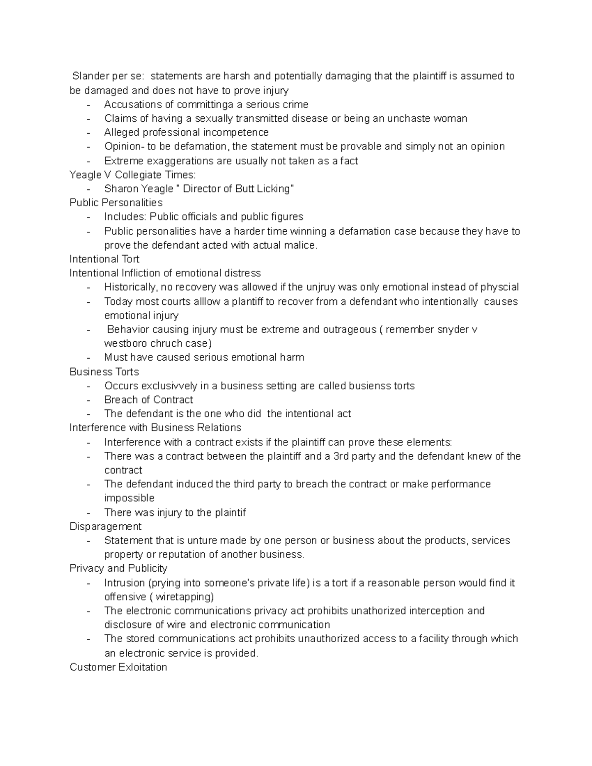 Academic Business Notes - Slander per se: statements are harsh and ...