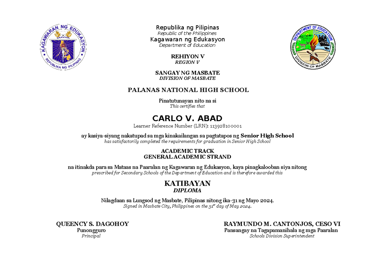 Completion-SHS-template - Republic of the Philippines Kagawaran ng ...
