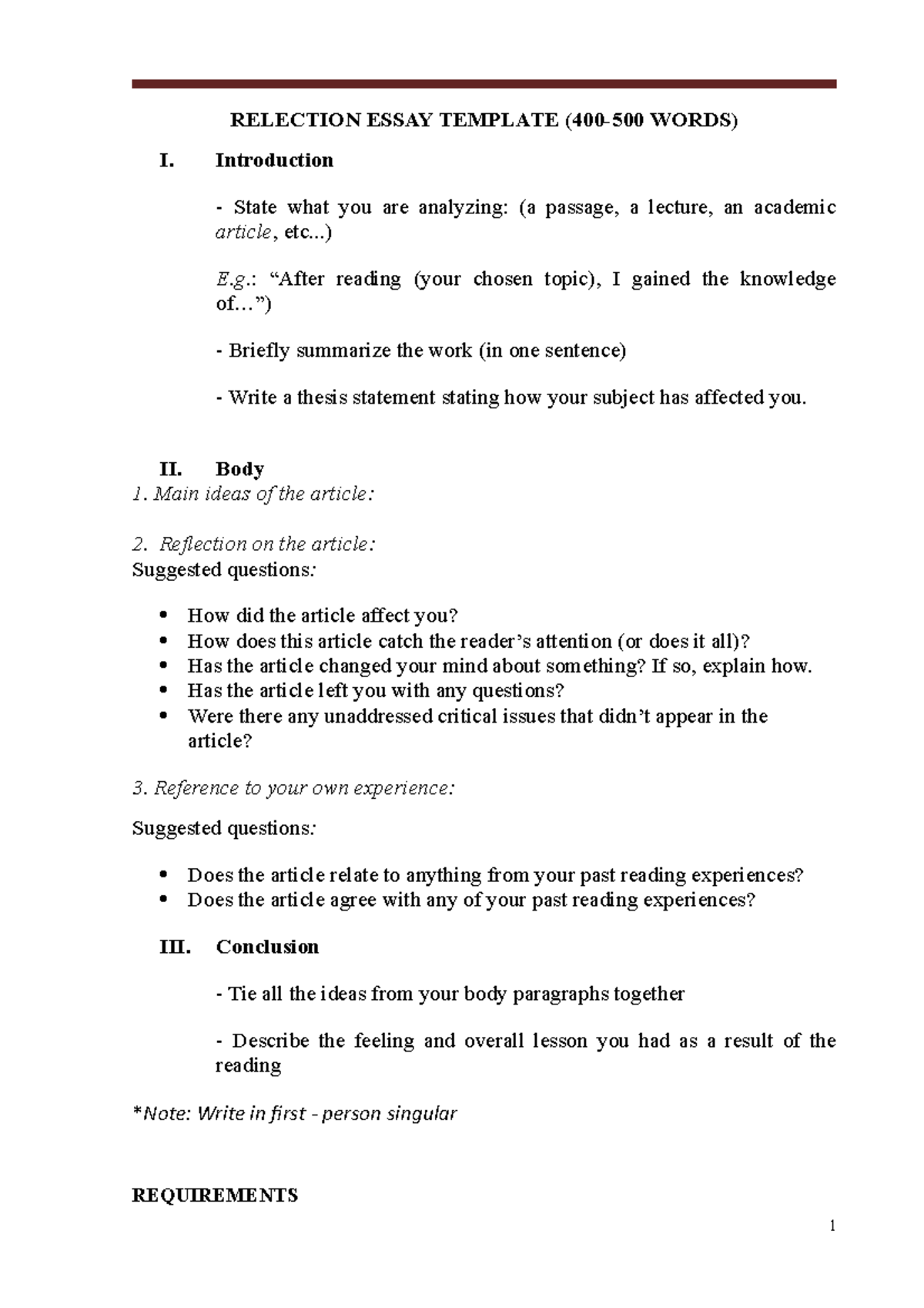 EAP1- Reflection Essay Template - RELECTION ESSAY TEMPLATE (400-500 ...