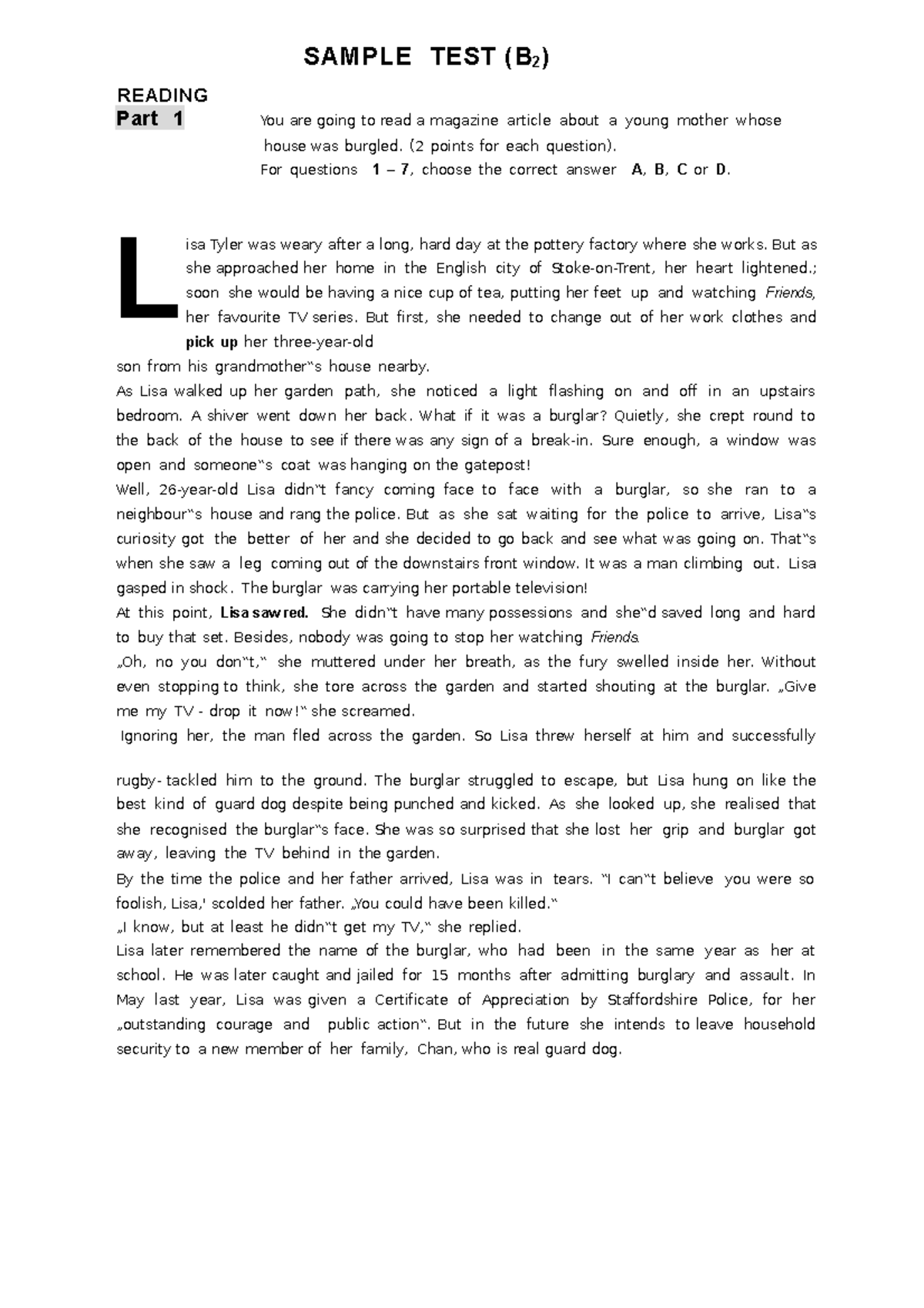 MA Sample Test B2 - .dugugausdugfu - READING SAMPLE TEST (B 2 ) Part 1 ...