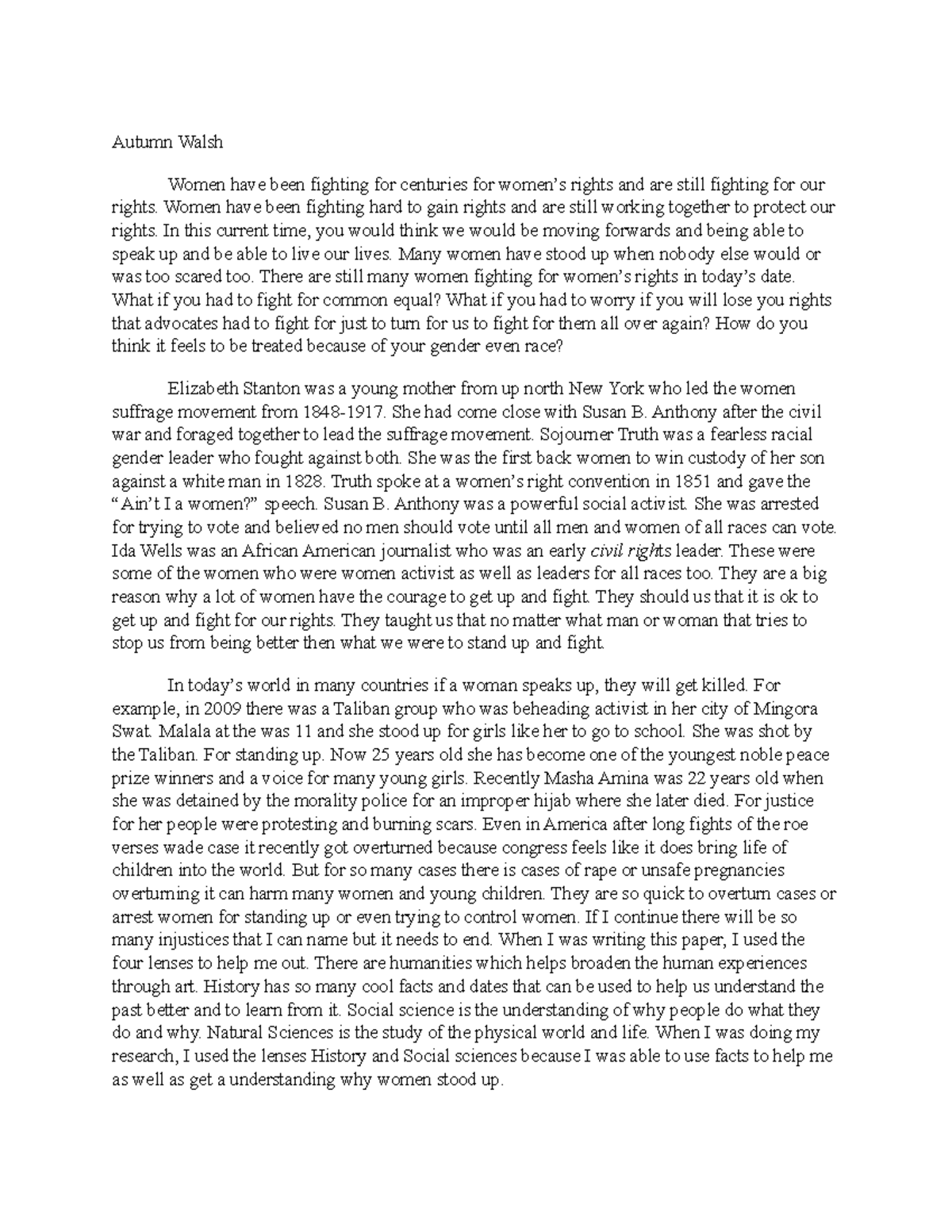 JUstice fianl paper - notes - Autumn Walsh Women have been fighting for ...