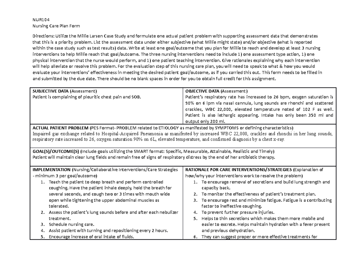 NUR104 Module 7 Nursing Plan Care Form unlocked - NUR Nursing Care Plan ...