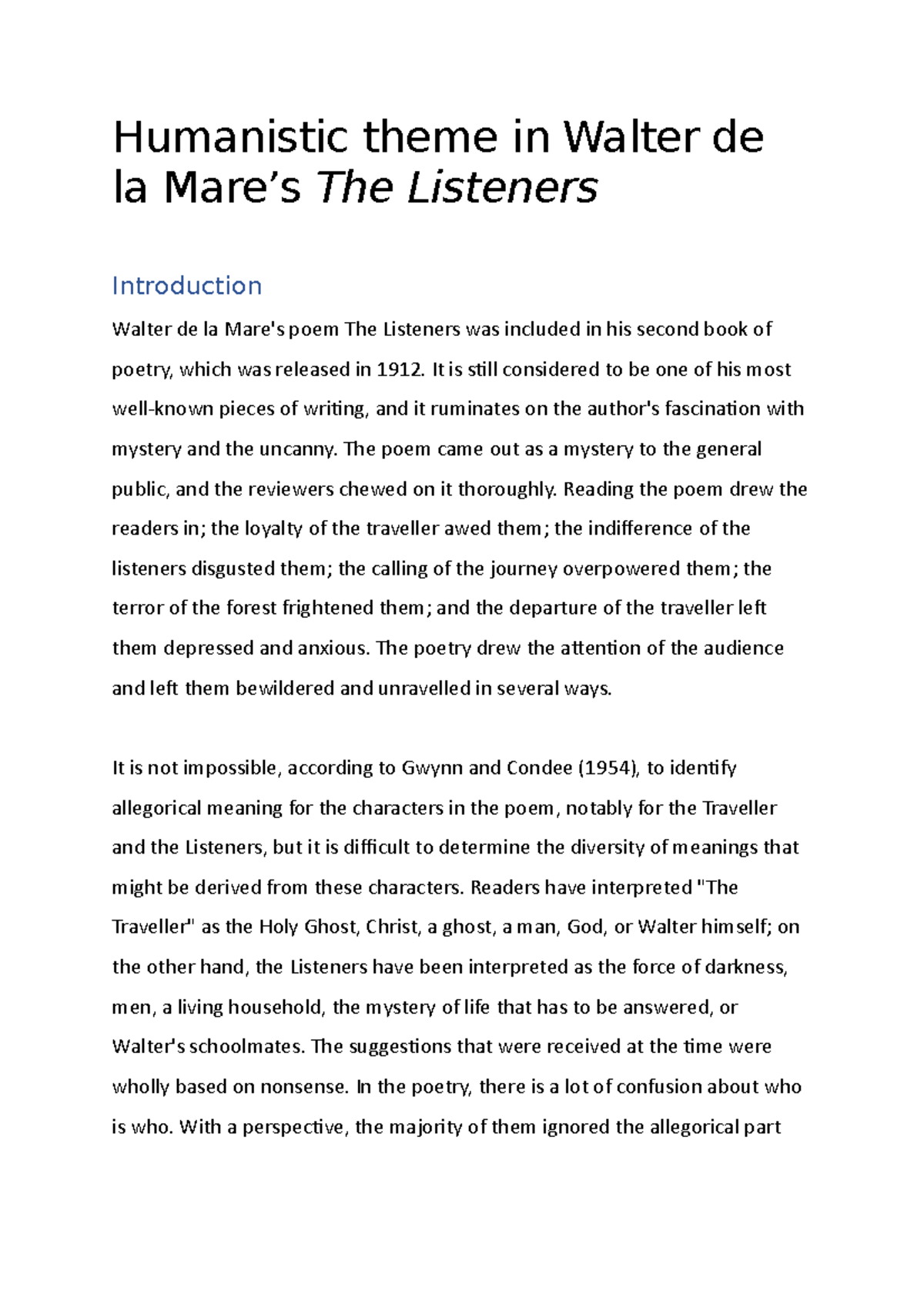 Humanistic theme in Walter de la Mare’s The Listeners - Humanistic ...