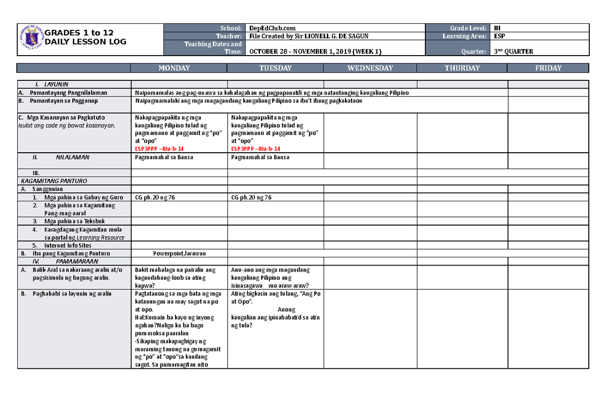 DLL ESP 3 Q3 W1 - iiii - GRADES 1 to 12 DAILY LESSON LOG School ...