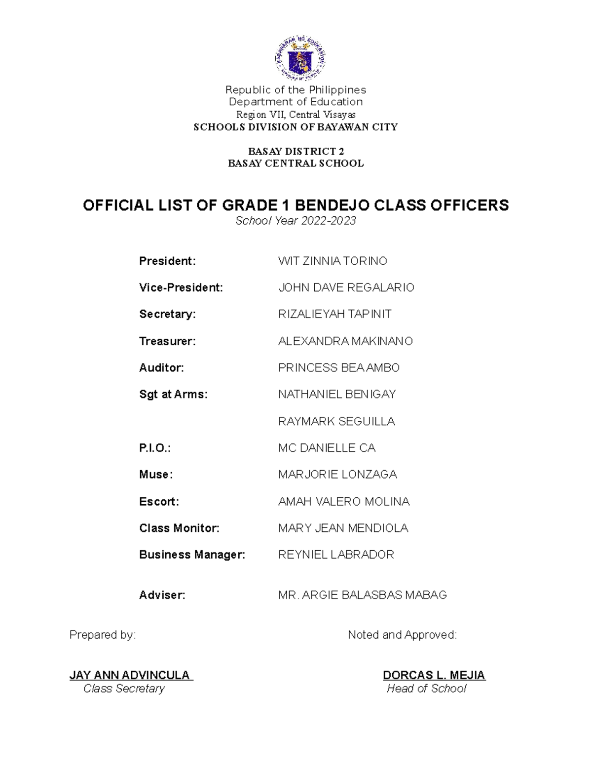 445014940 class officers with TOR and Org Structure docx - Republic of ...