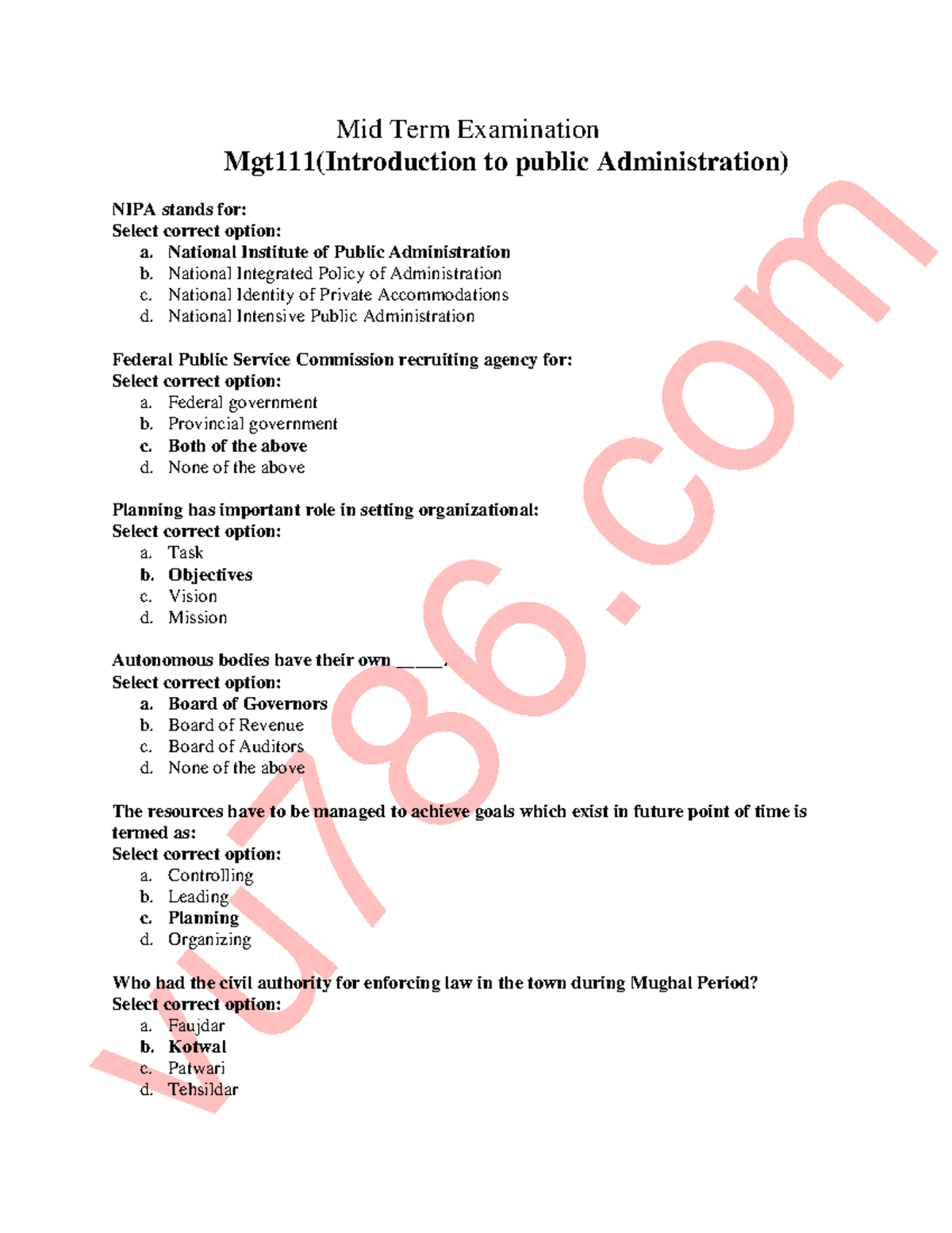 Mgt111 mid term 7 www - Mid Term Examination Mgt111(Introduction to public Administration) NIPA ...