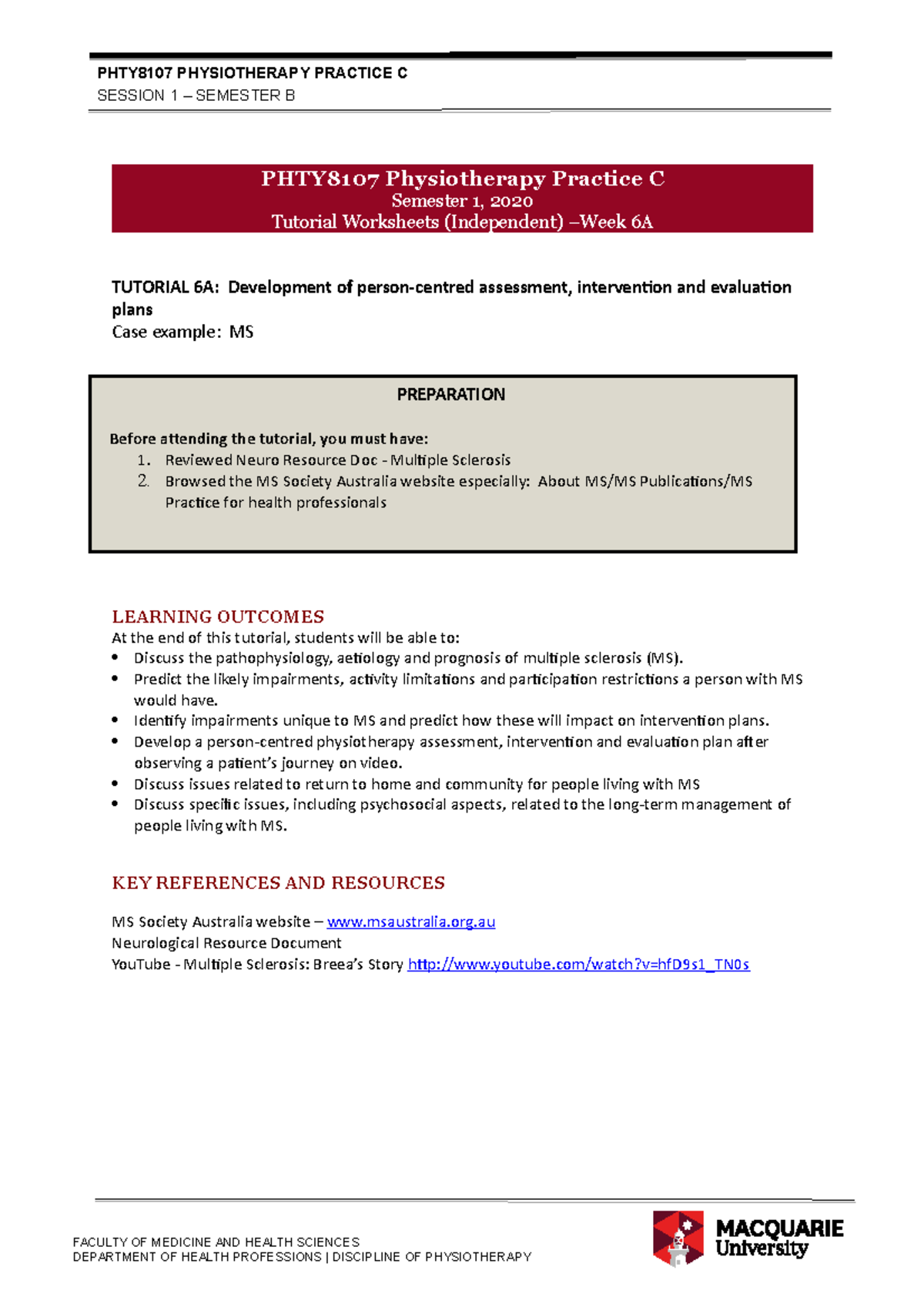 PHTY8106 WK6 T2 - Detailed tutorial notes - PHTY8107 Physiotherapy ...