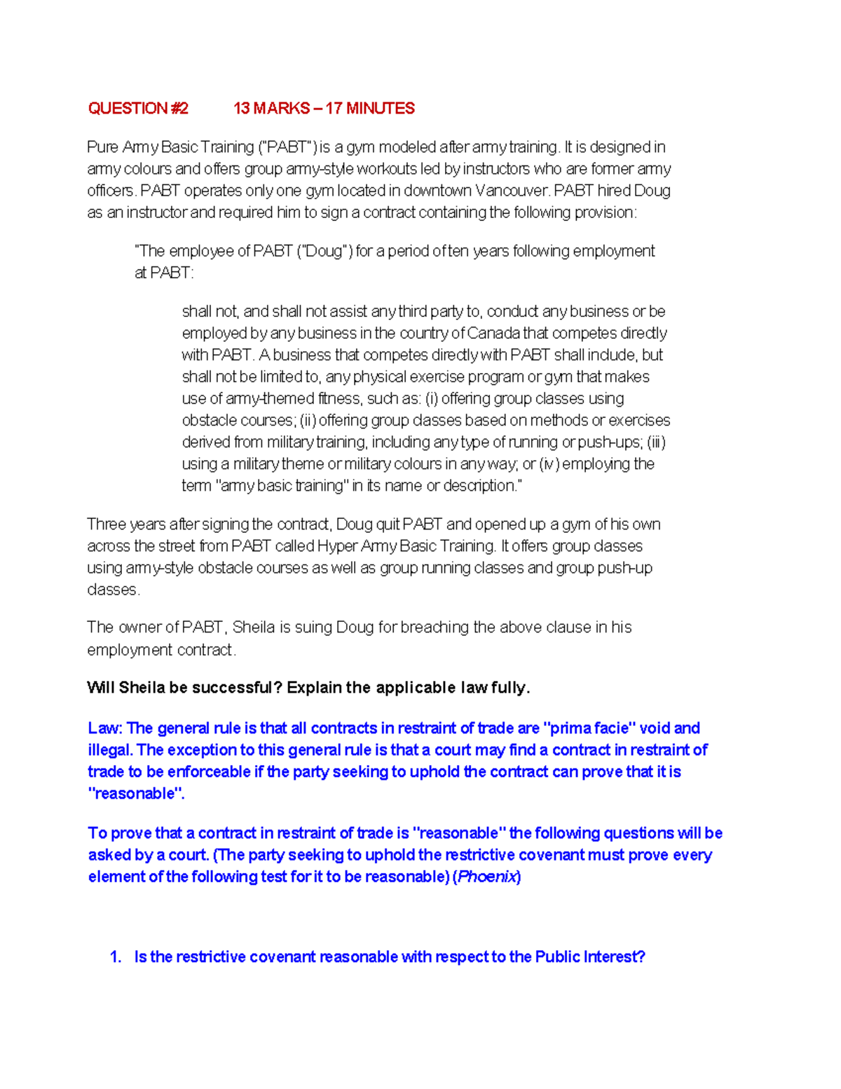 COMM 393 Sample Contract Formation and Restrictive Covenant - QUESTION ...